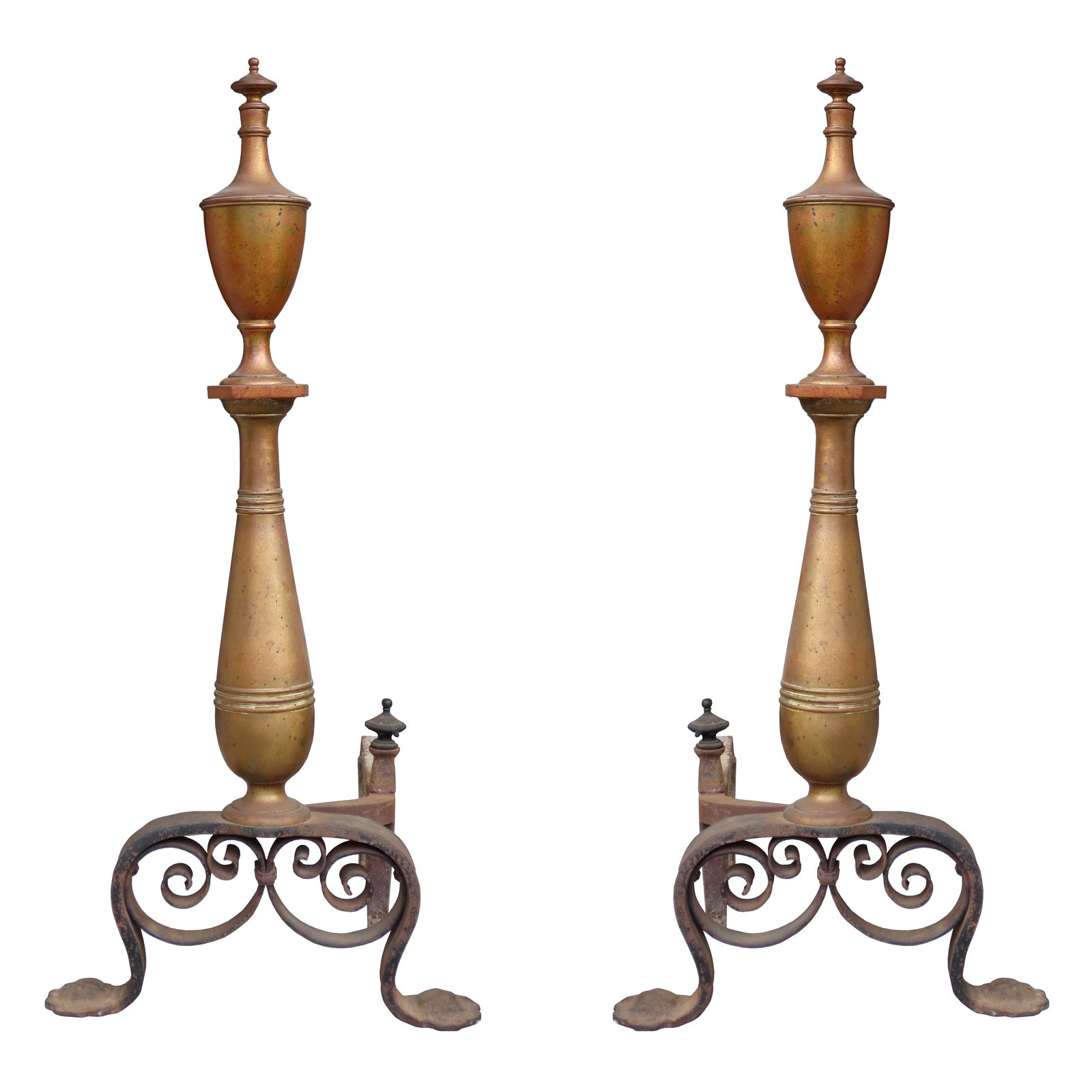 Pair of American Iron Andirons with Patina Finish and Cooking Arms ...