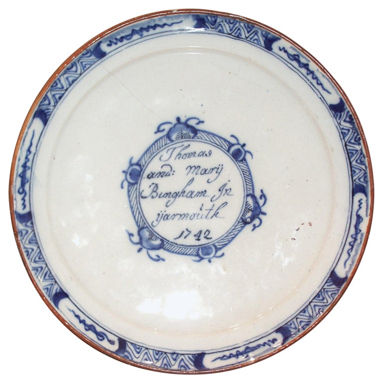 Plate, Delftware, 1742, Dutch, Thomas and Mary Bingham, Yarmouth, 1742 ...