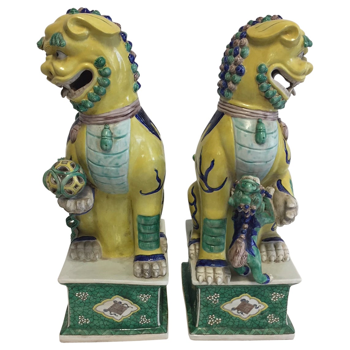 Pair of Rare Chinese Carved Wood Foo Dogs For Sale at 1stDibs