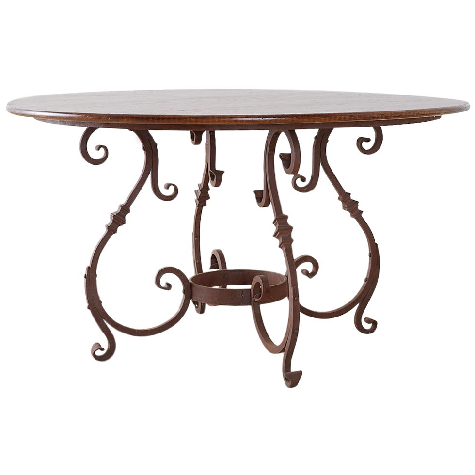 Round Rustic Wood Dining Table on Iron Base at 1stDibs