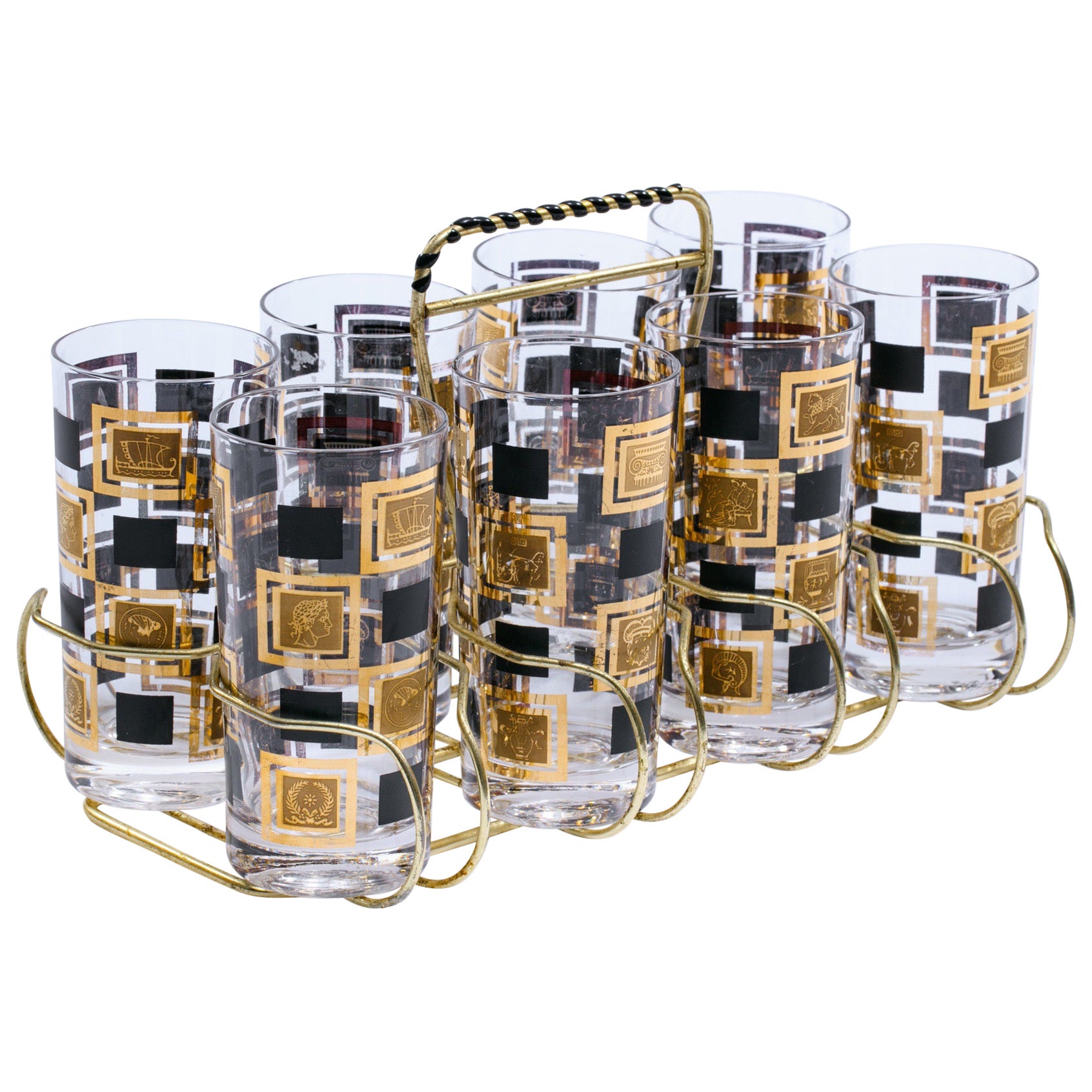 Mid-Century Modern 24-Karat Gold Greek Key Cocktail Glasses with Mixer ...