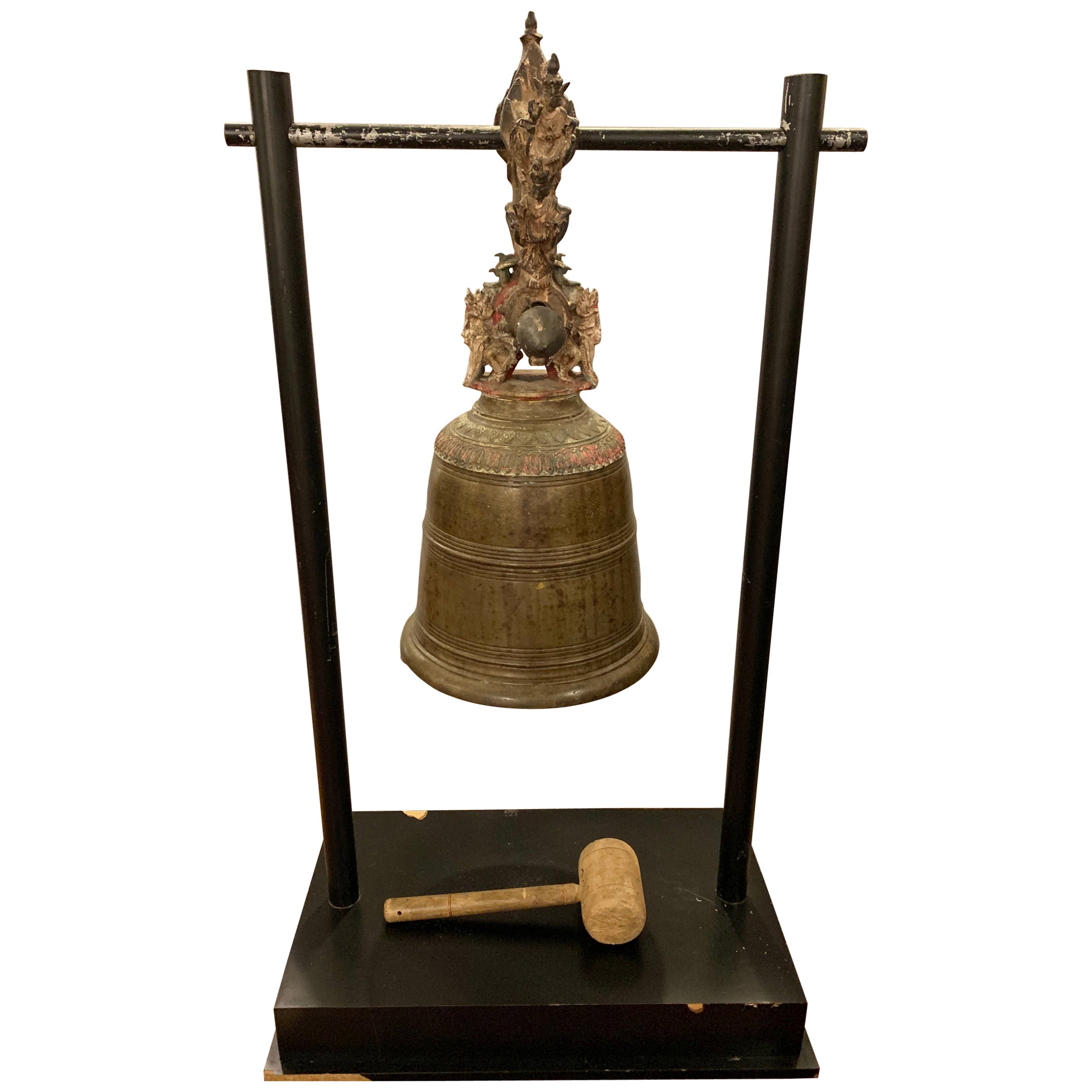 Tibetan Bronze and Brass Temple Meditation Bells on Wood Stand, 19th ...