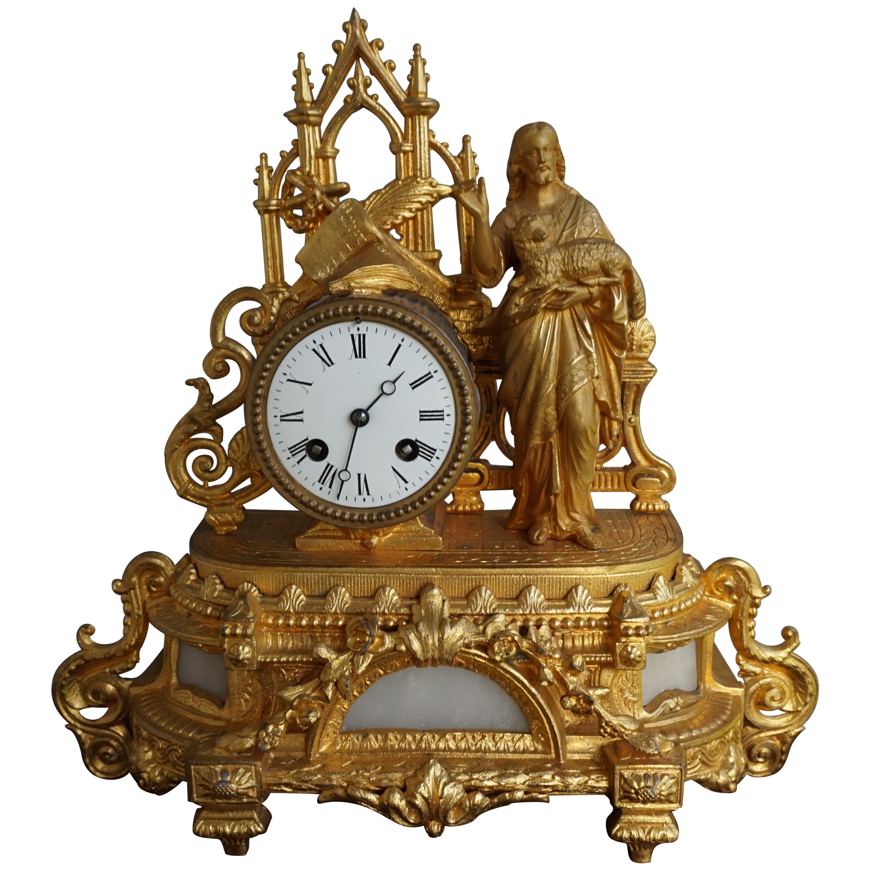 Gilt Bronze Gothic Rev. Heaven and Earth Mantel Clock w. Guardian Angel ...