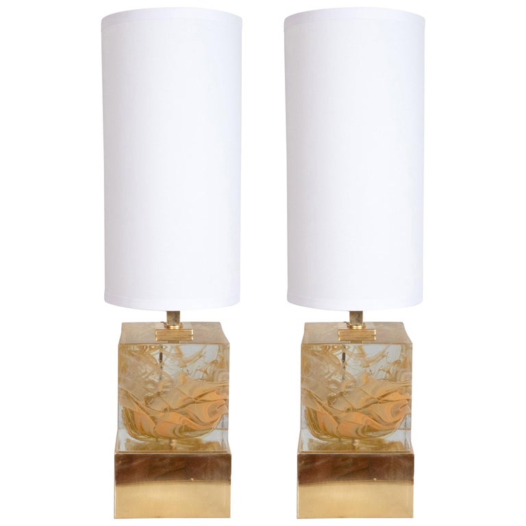Pair of Solid Murano Glass Gold Swirl Square Cube Lamps with Brass Base ...