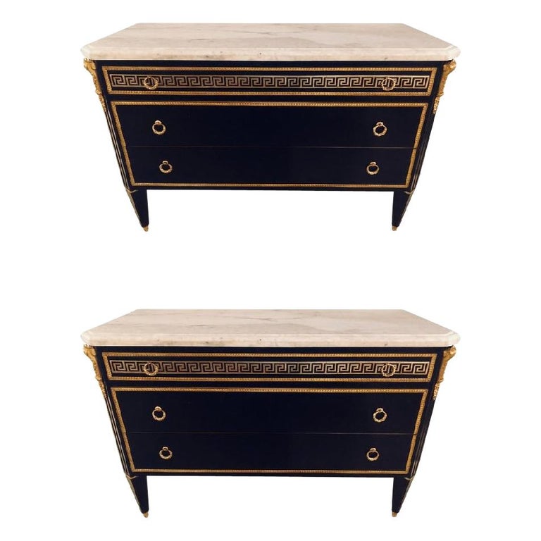 Pair of Ebony Hollywood Regency Jansen Style Greek Key Marble-Top ...
