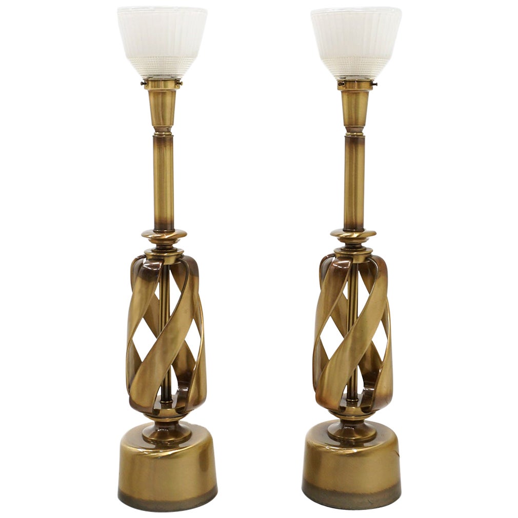 Pair of Traditional Stiffel Brass Table Lamps with Original Shades ...
