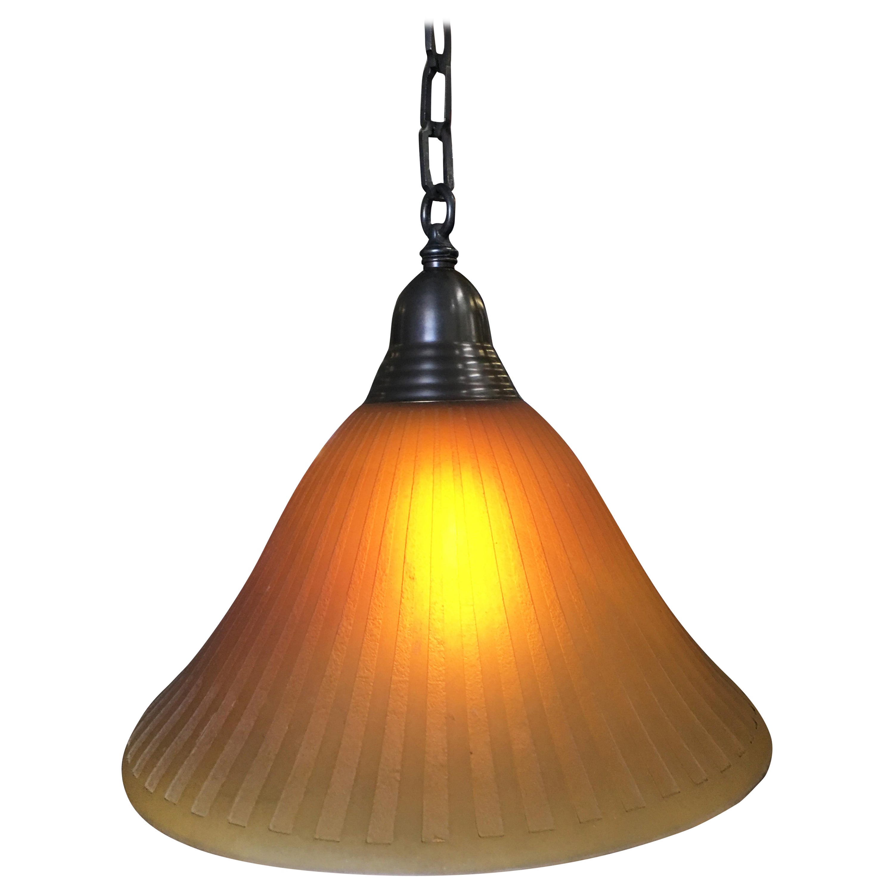 Large Pendant Lamp Lantern with Amber Glass Shade For Sale at 1stDibs