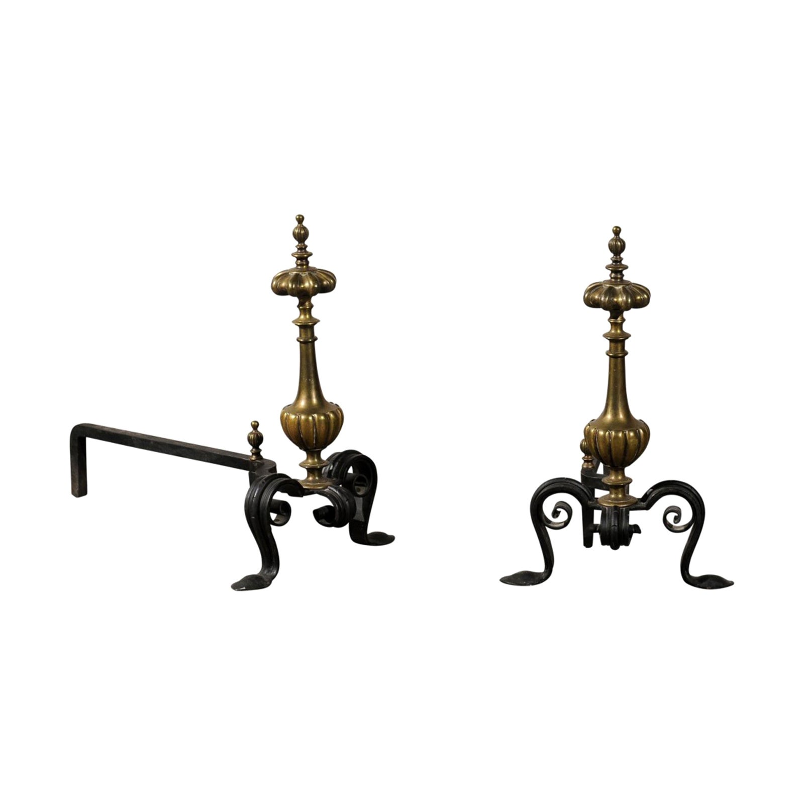 Pair of American Iron Andirons with Patina Finish and Cooking Arms ...