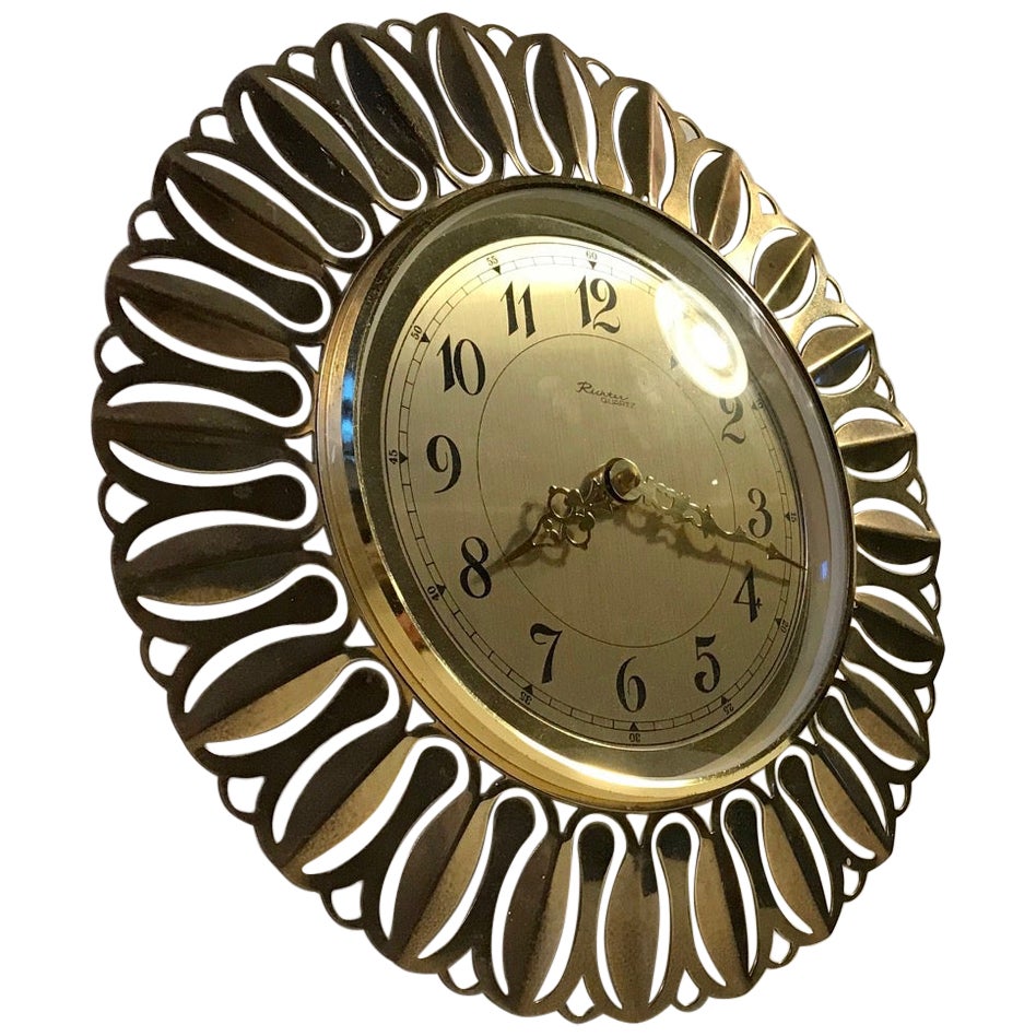 Large Roxhall Brass Spike Sunburst Clock, circa 1960 at 1stDibs