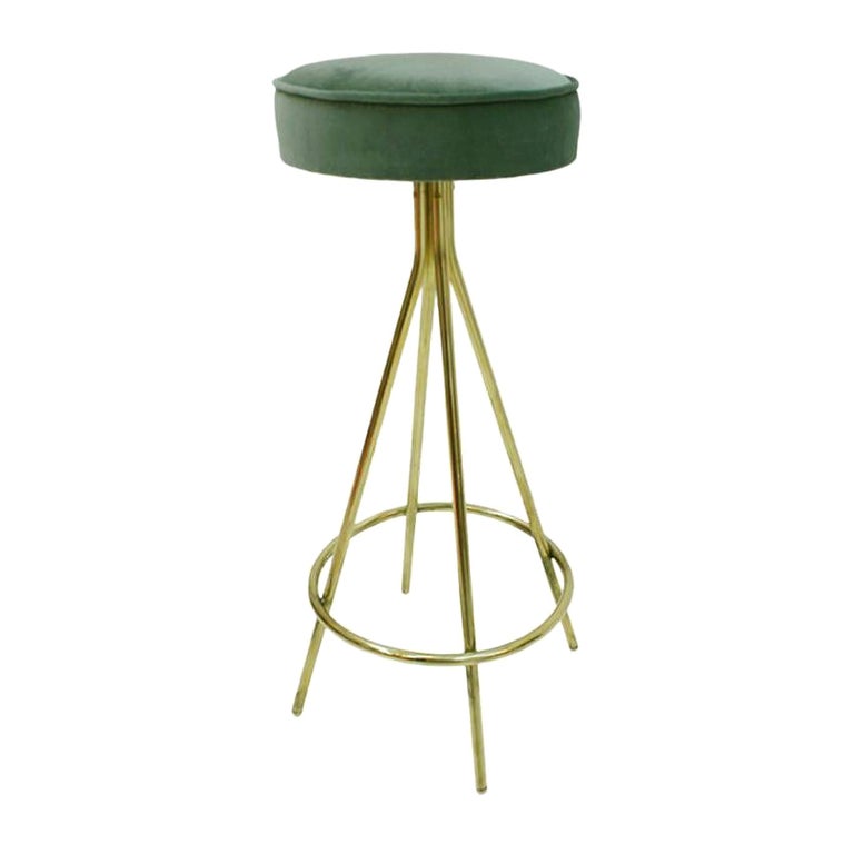 Mid-Century Style Circular Brass and Cotton Velvet Italian Bar Stool ...