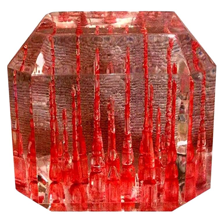 Rare Lucite Cube Paperweight-Clear and Red at 1stDibs