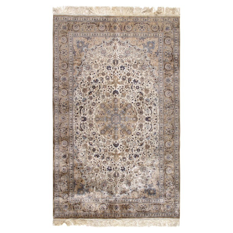 Traditional Qum Chinese Silk Medallion Rug in Ivory, Gold and Blue ...