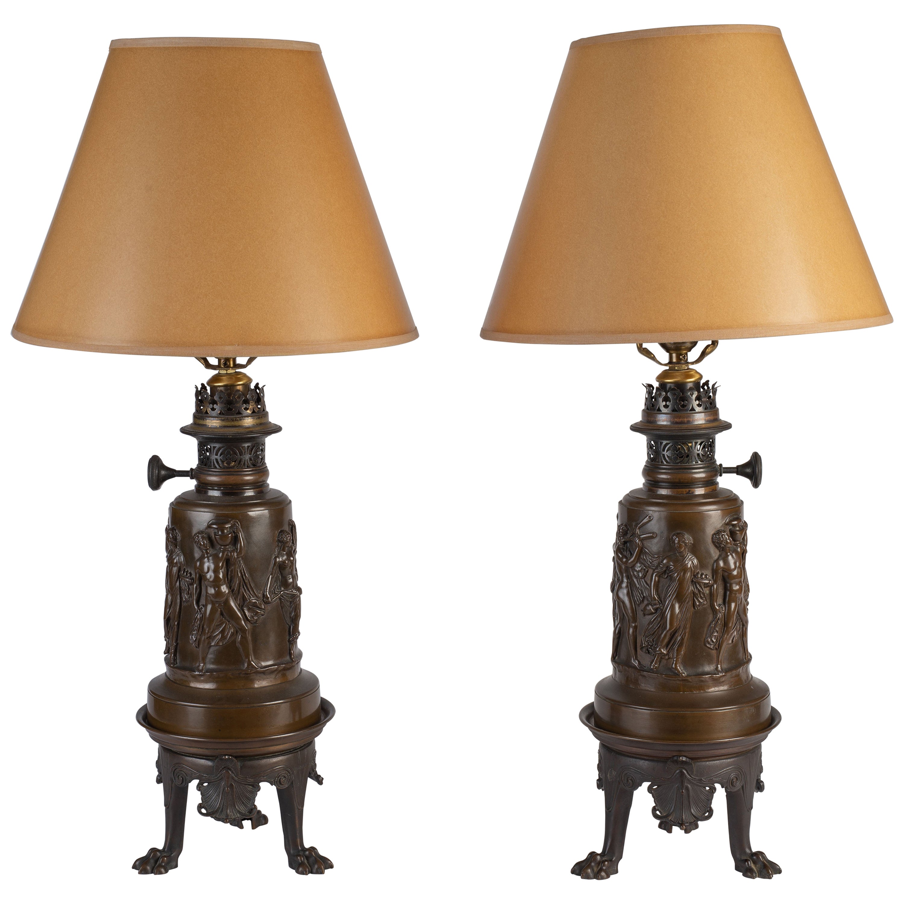 Pair of French Neoclassical Patinated Brass Column Lamps at 1stDibs