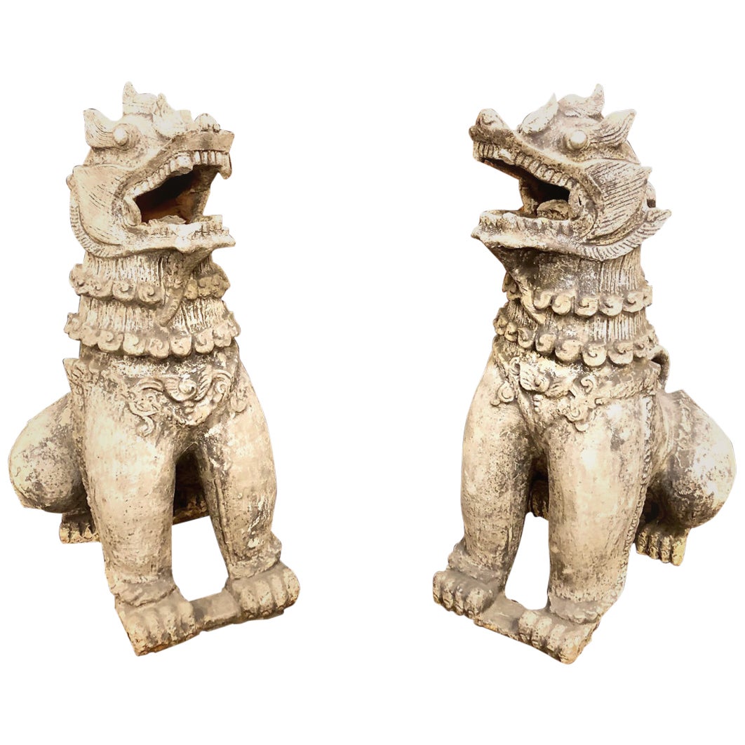 Large Pair of Chinese Mid-Century White Glazed Foo Dogs at 1stDibs