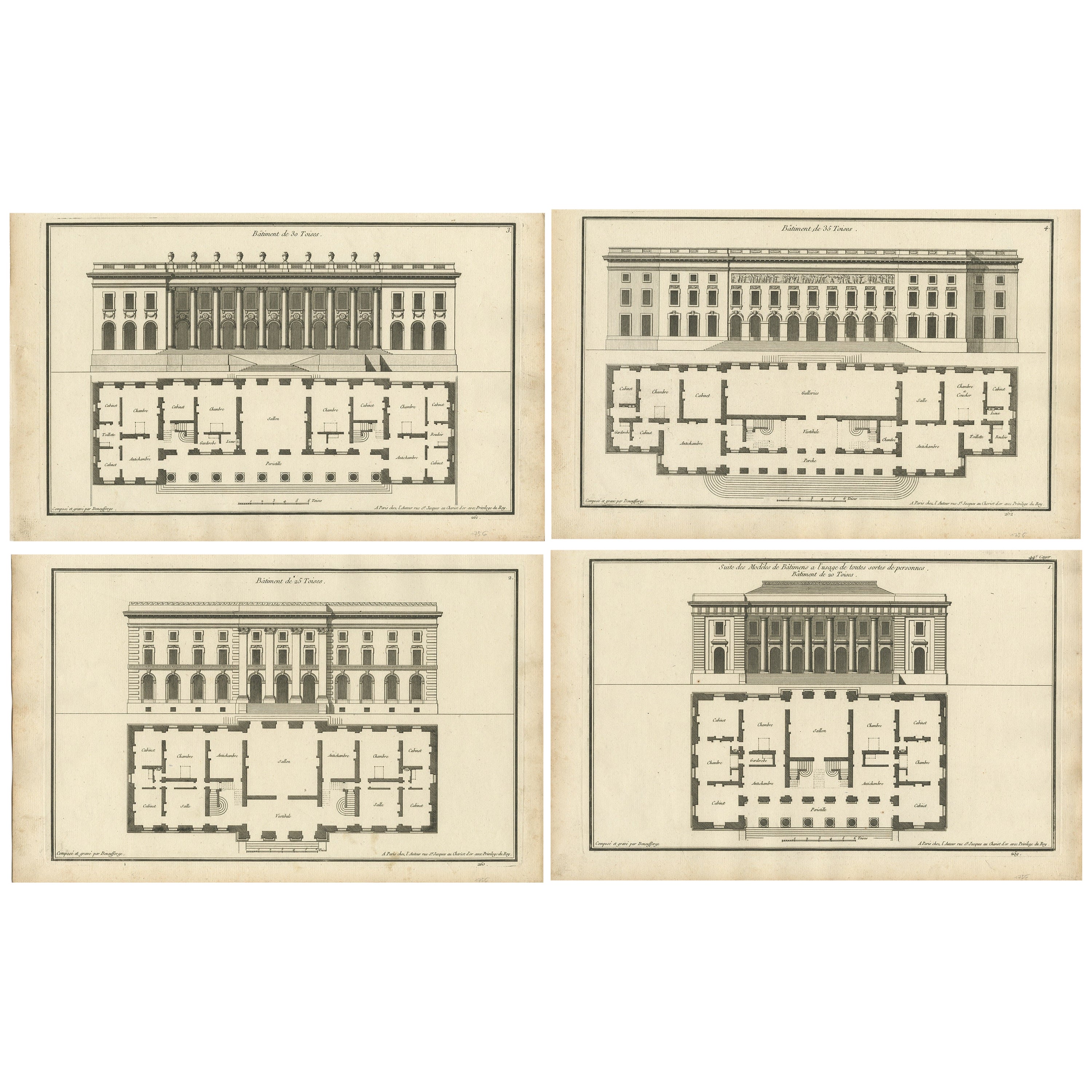 Set of Four Antique Archicture Prints of Various Building Plans and ...