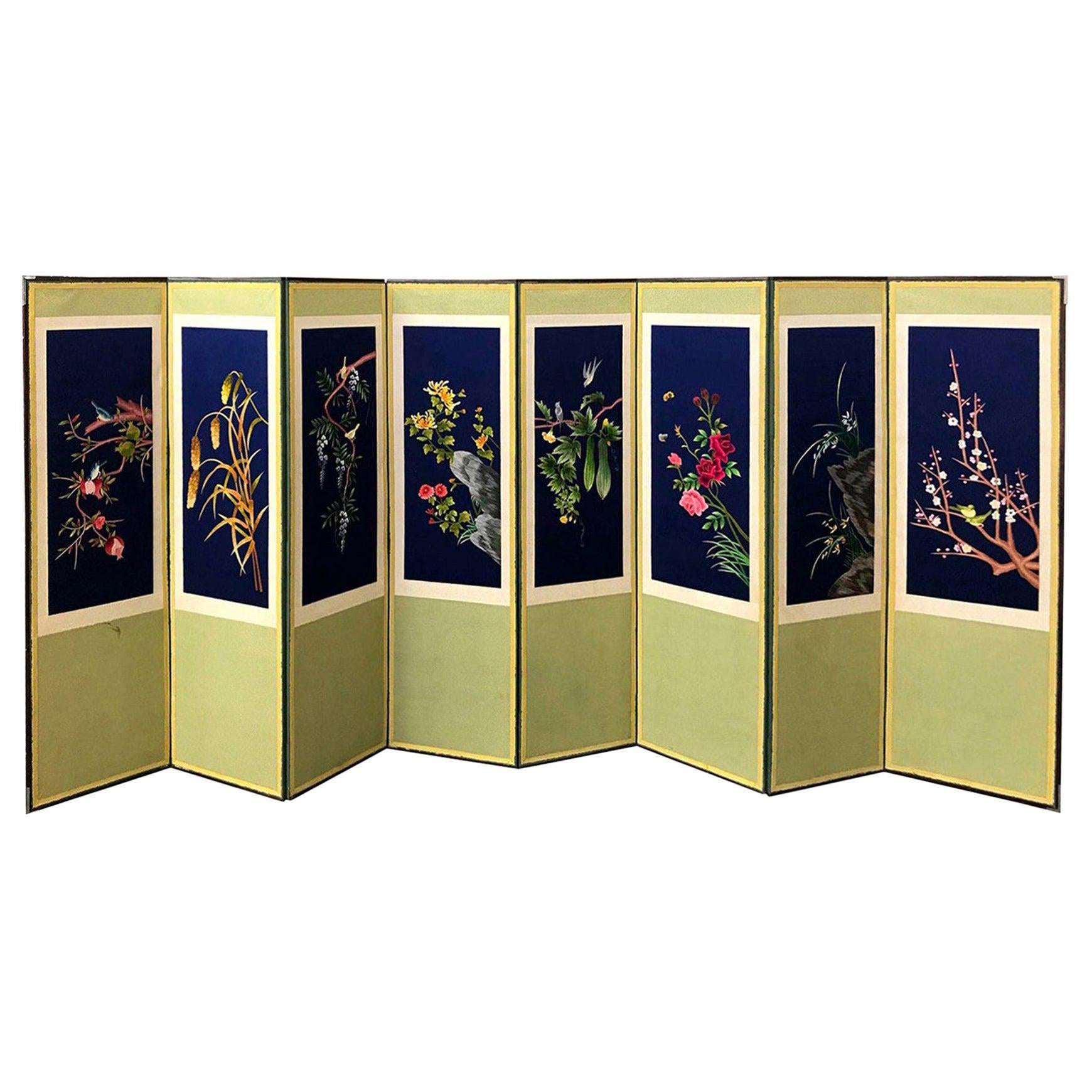 Asian Eight Panel Silk Embroidered Folding Screen Room Divider For Sale ...