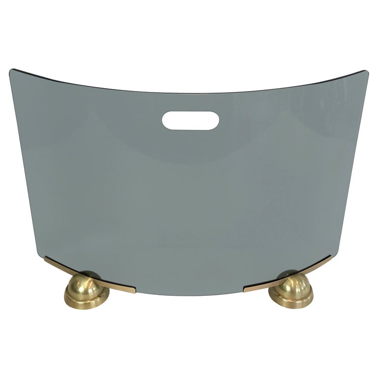 Fontana Arte, Modernist Curved Blue Glass and Brass Fire Place Screen ...