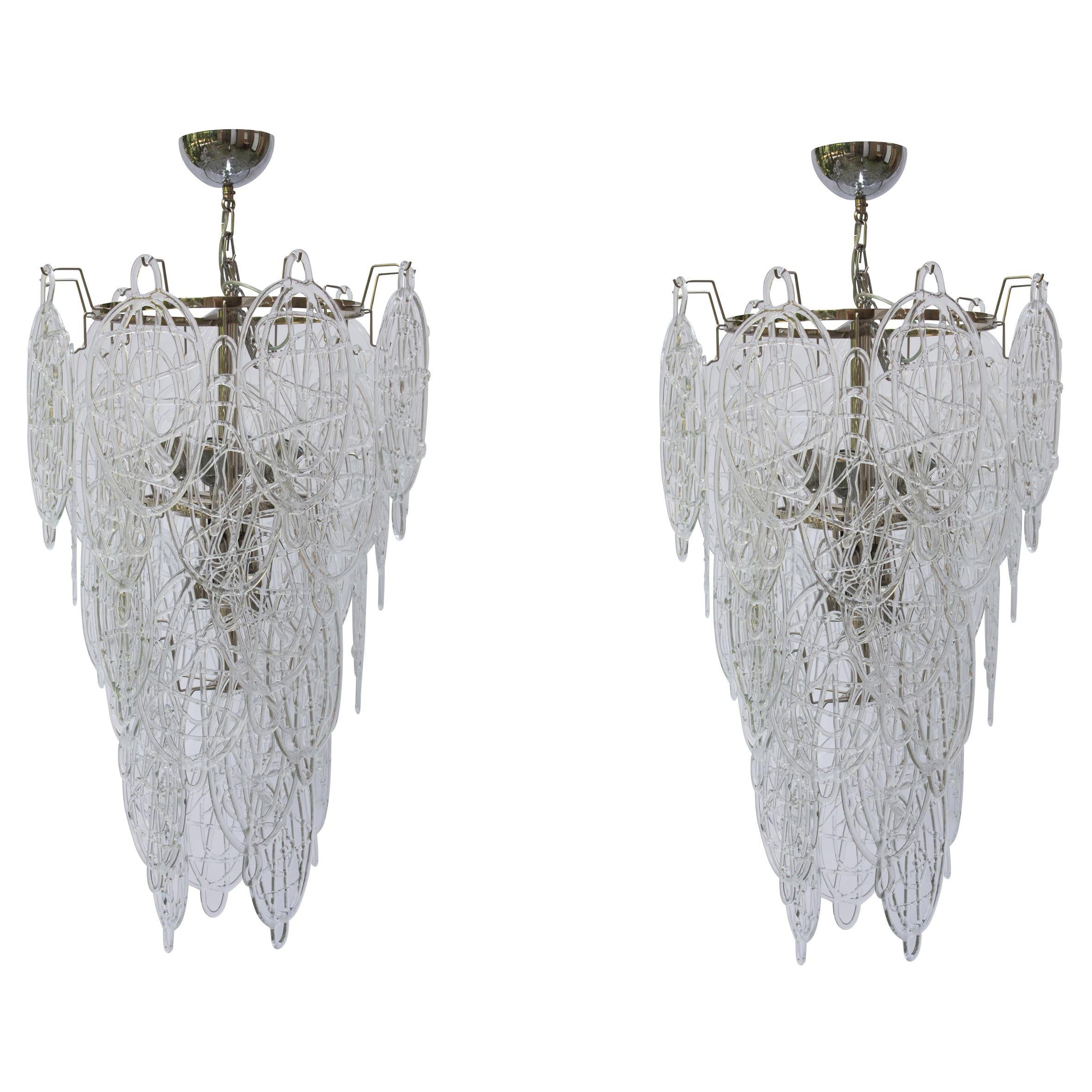 Round Pair of Ceiling Lamp Venini Ice Glass 1960 Triangolar Tubes ...