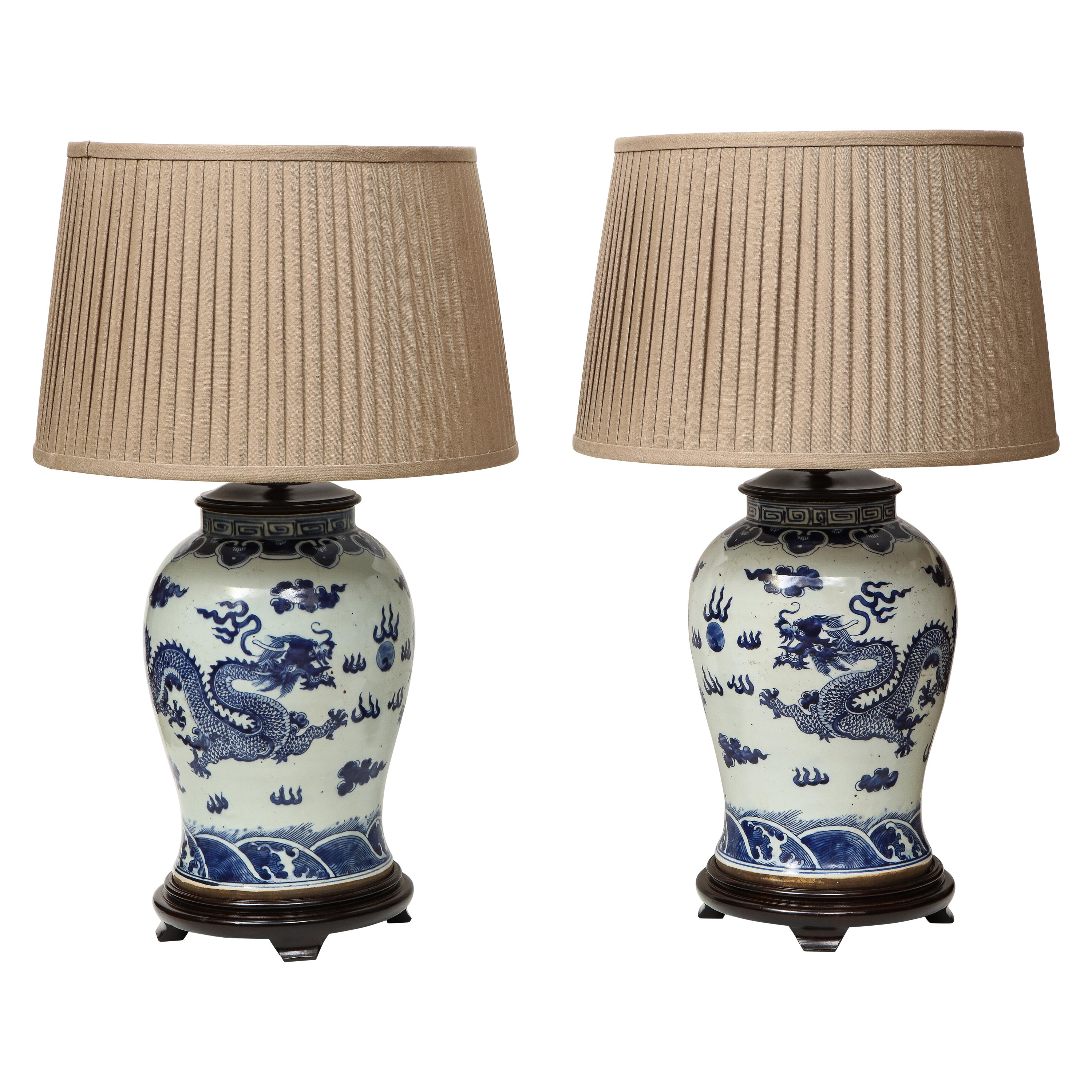 Pair of Blue and White Chinese Temple Jar Lamps at 1stDibs