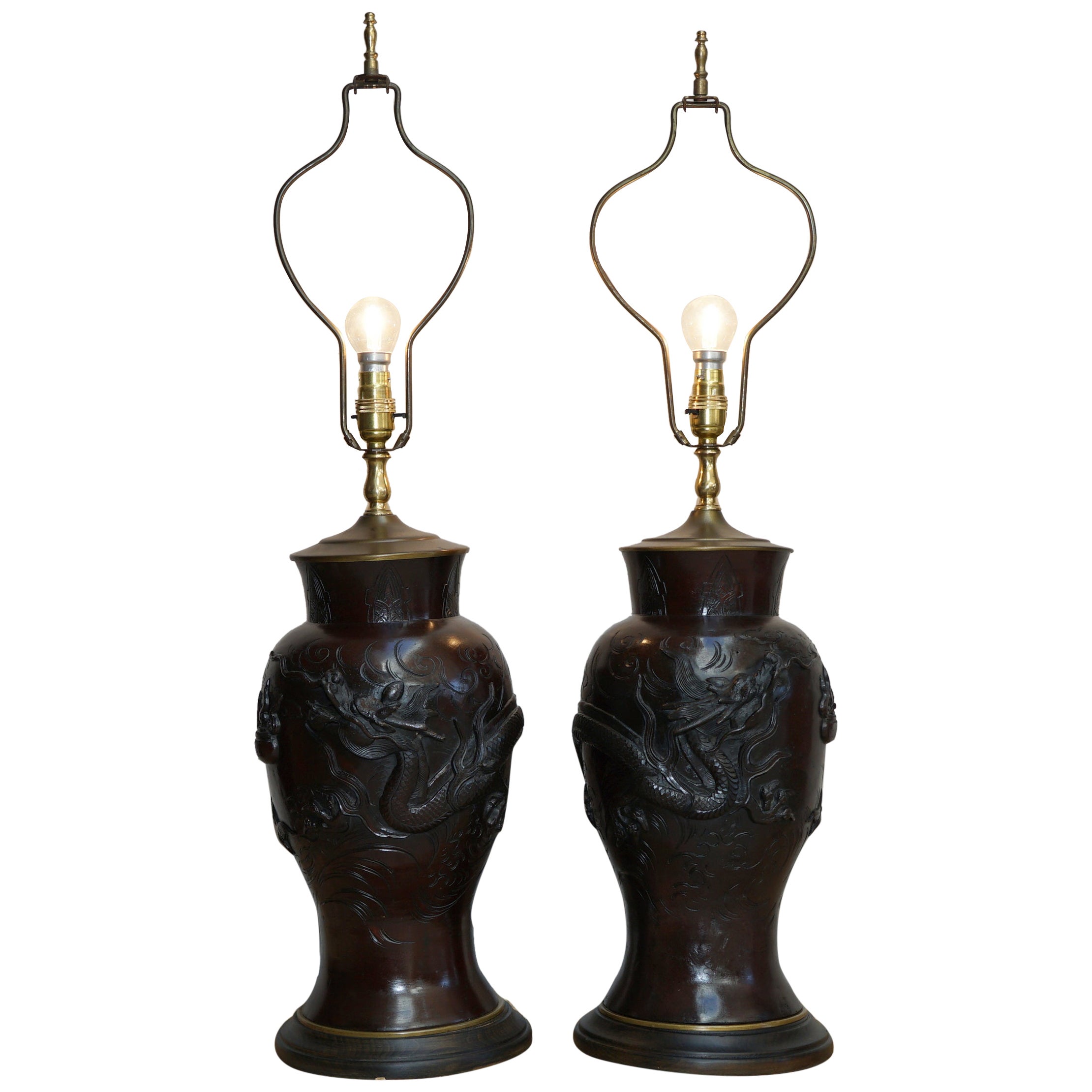 Pair Brass Chinese Footed Urn Table Lamp With Dragon Handles at 1stDibs