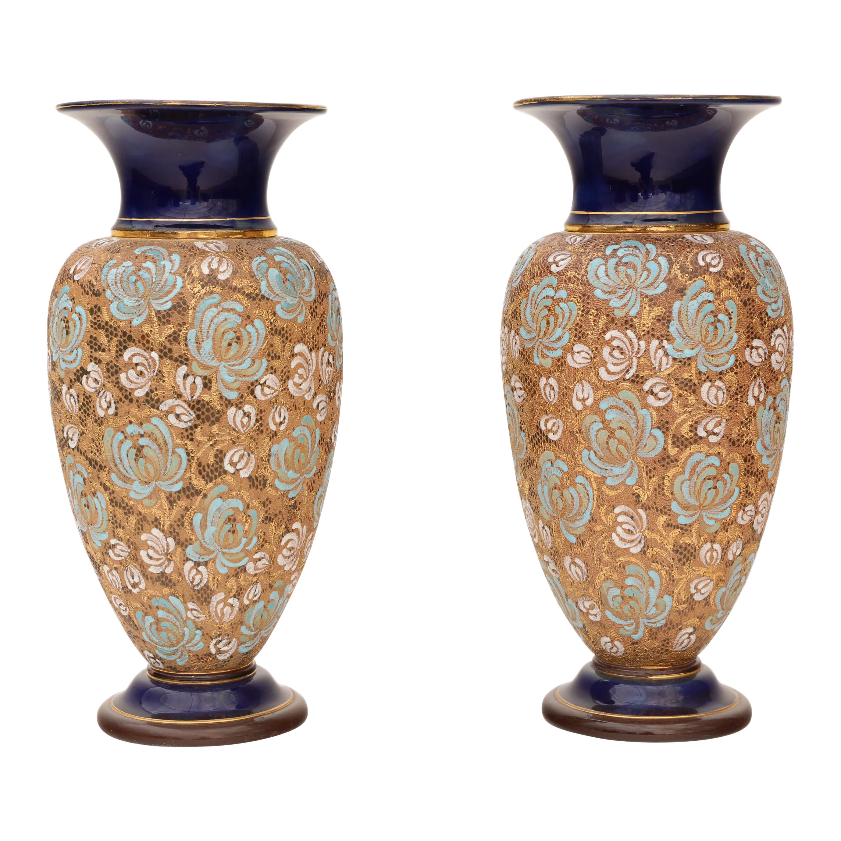 Antique Royal Doulton, Double Handled Vase Gilt and Blue Floral Design ...