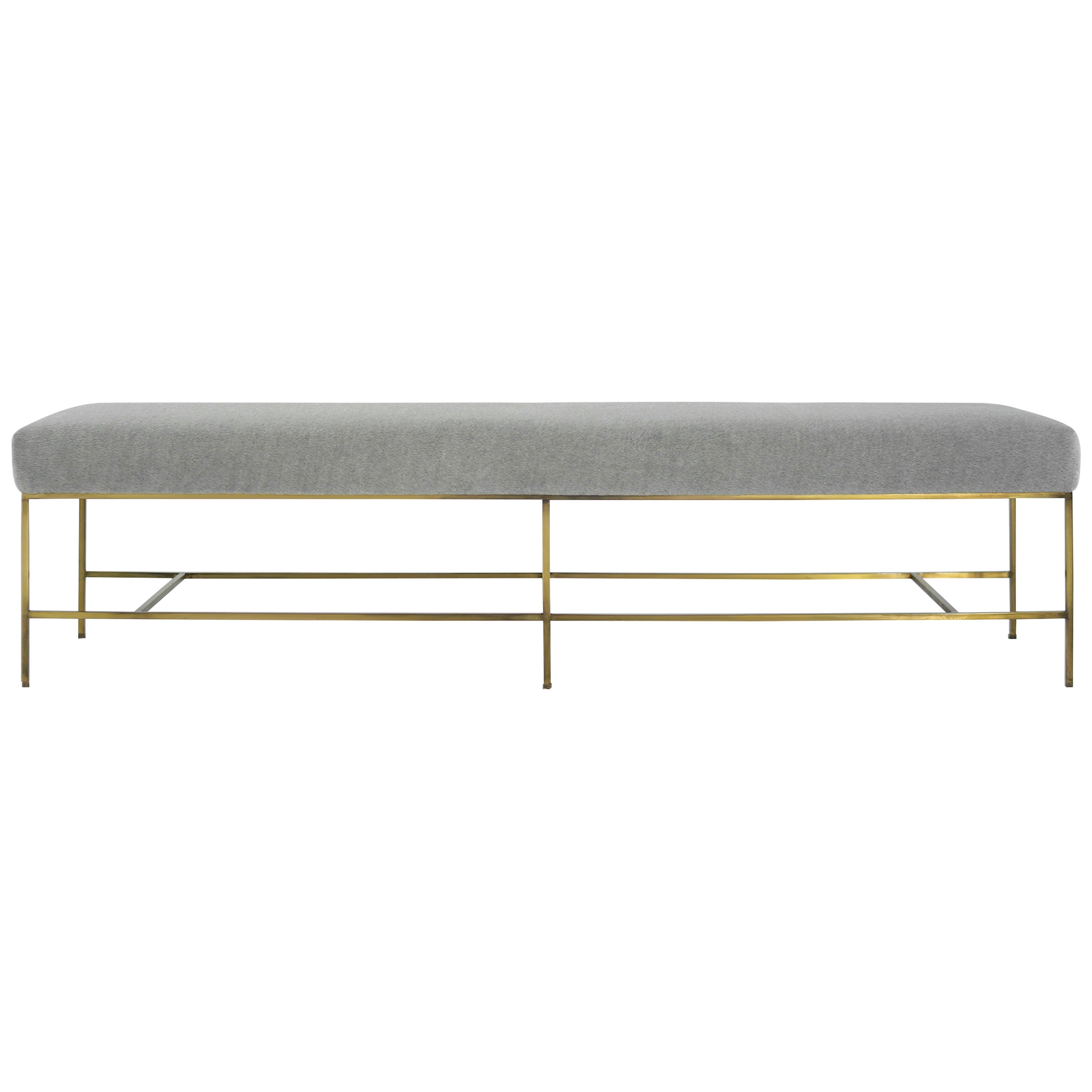 Lucite Brass Rodded Bench in Tufted Rust Orange Velvet at 1stDibs