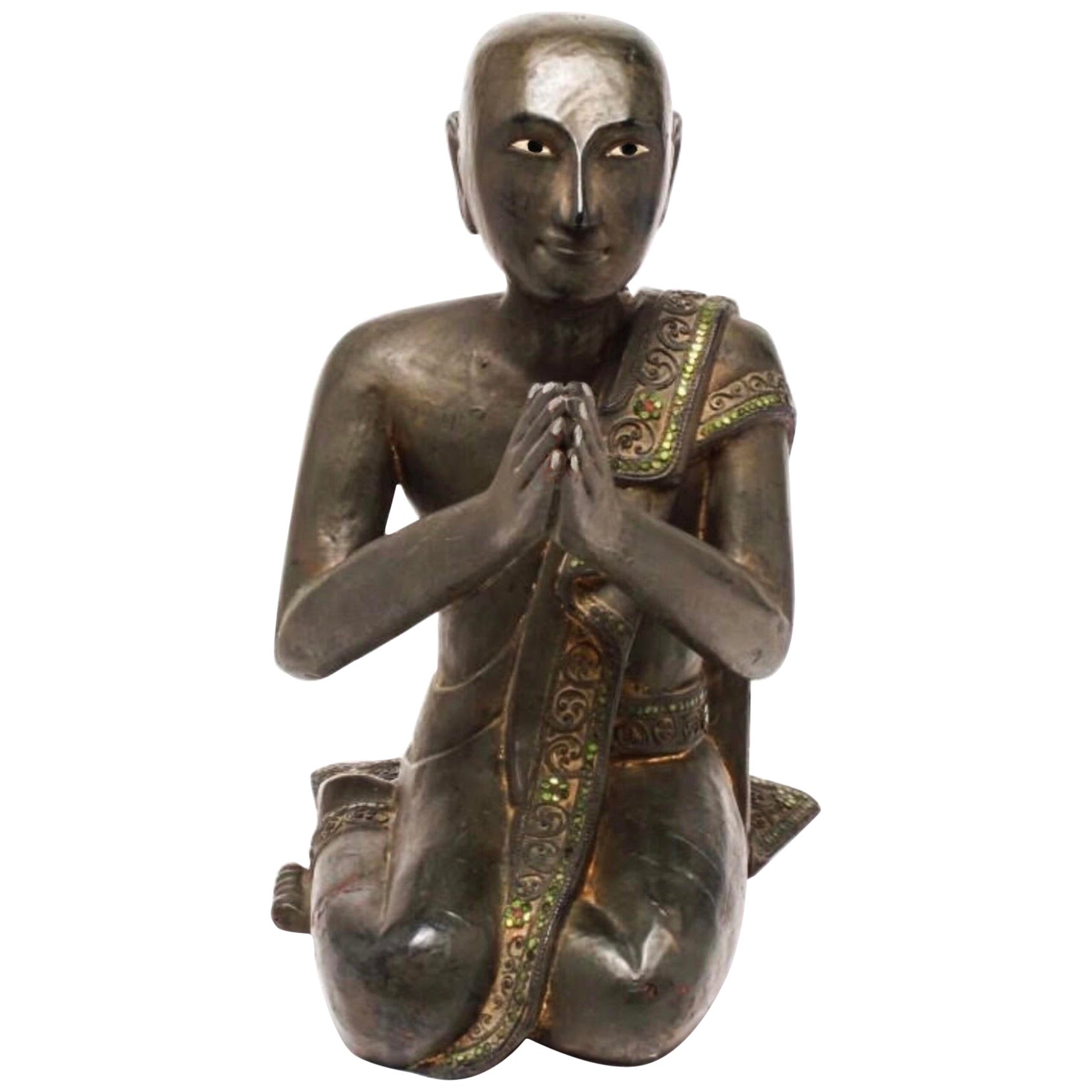 Pair of Carved Giltwood Buddhist Temple Monk Statues at 1stDibs