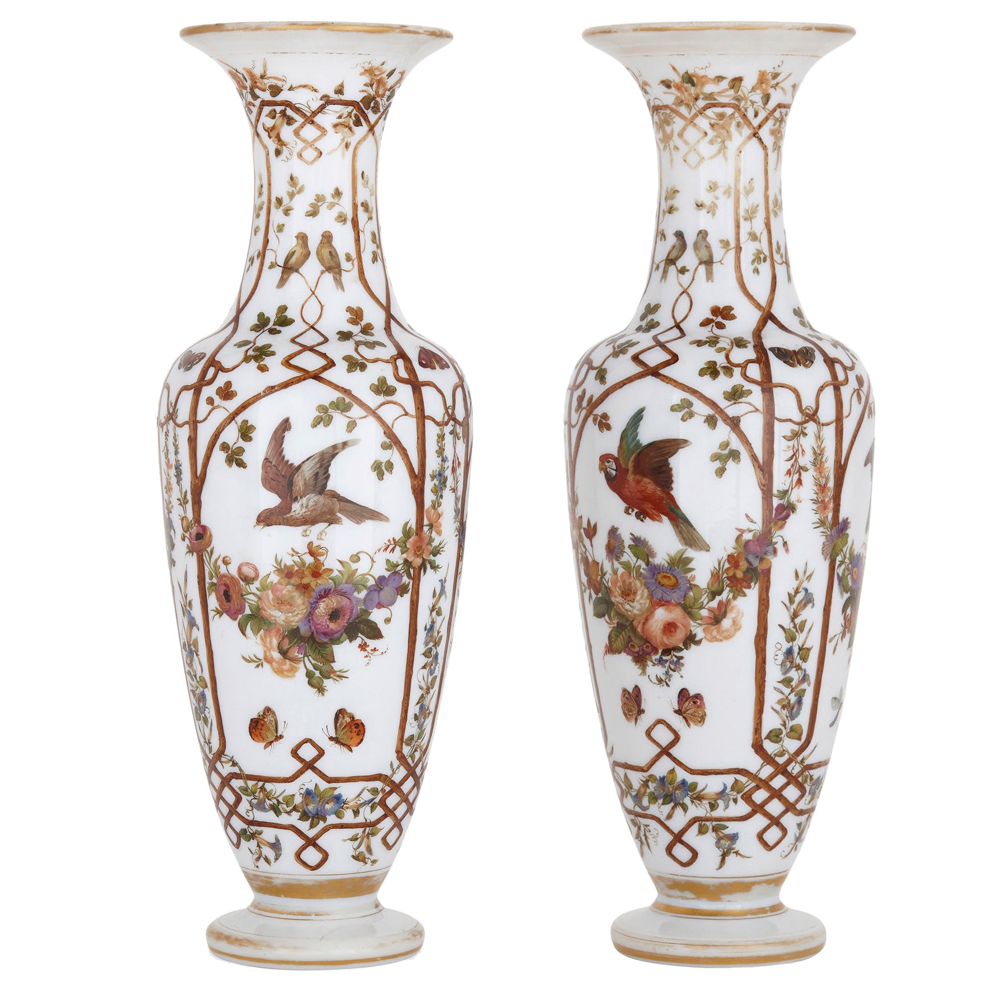 Pair of Victorian Opaline Glass Hand Painted Vases from circa 1880 For Sale at 1stDibs