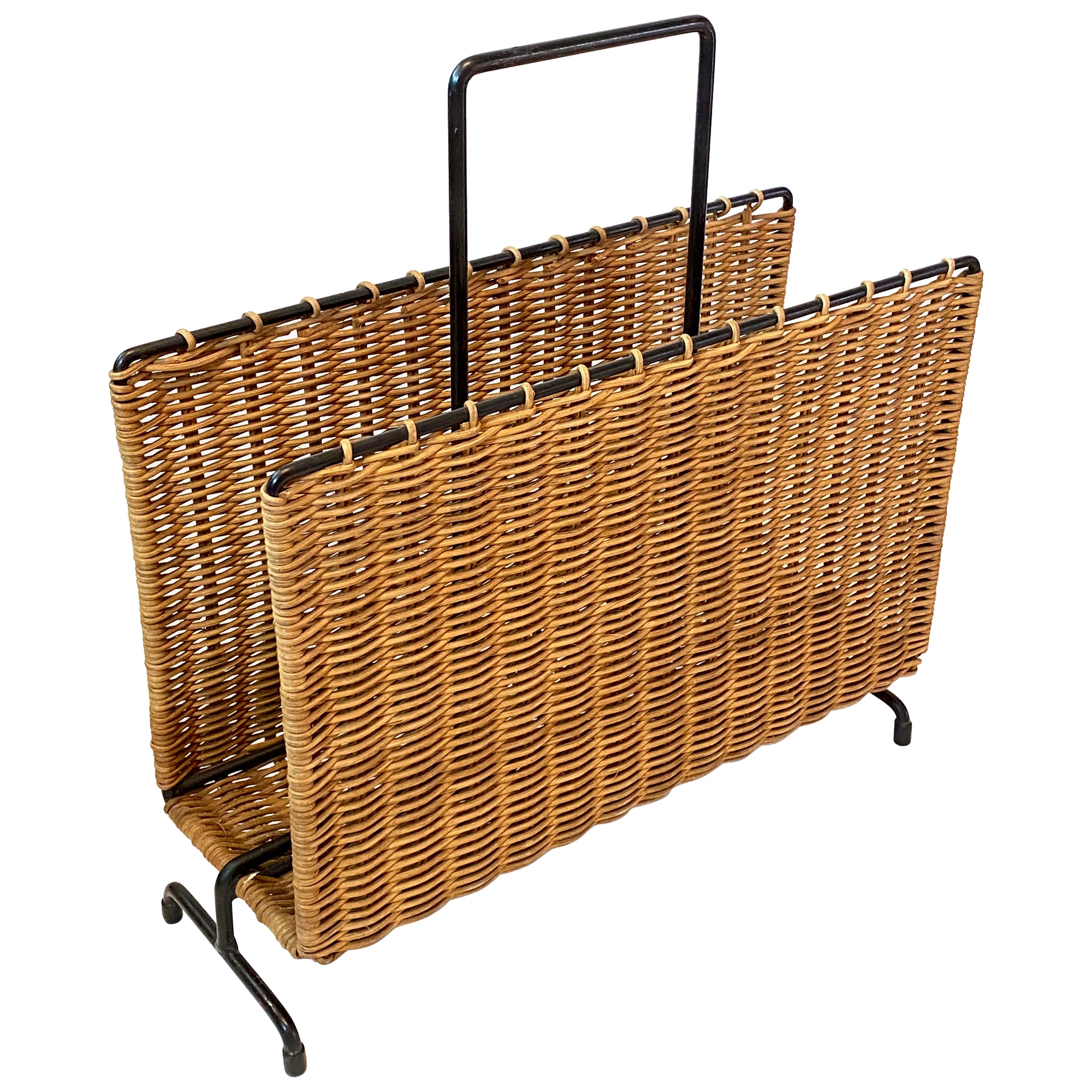 1970s Danish Modern Magazine Rack with Leather Sling at 1stDibs