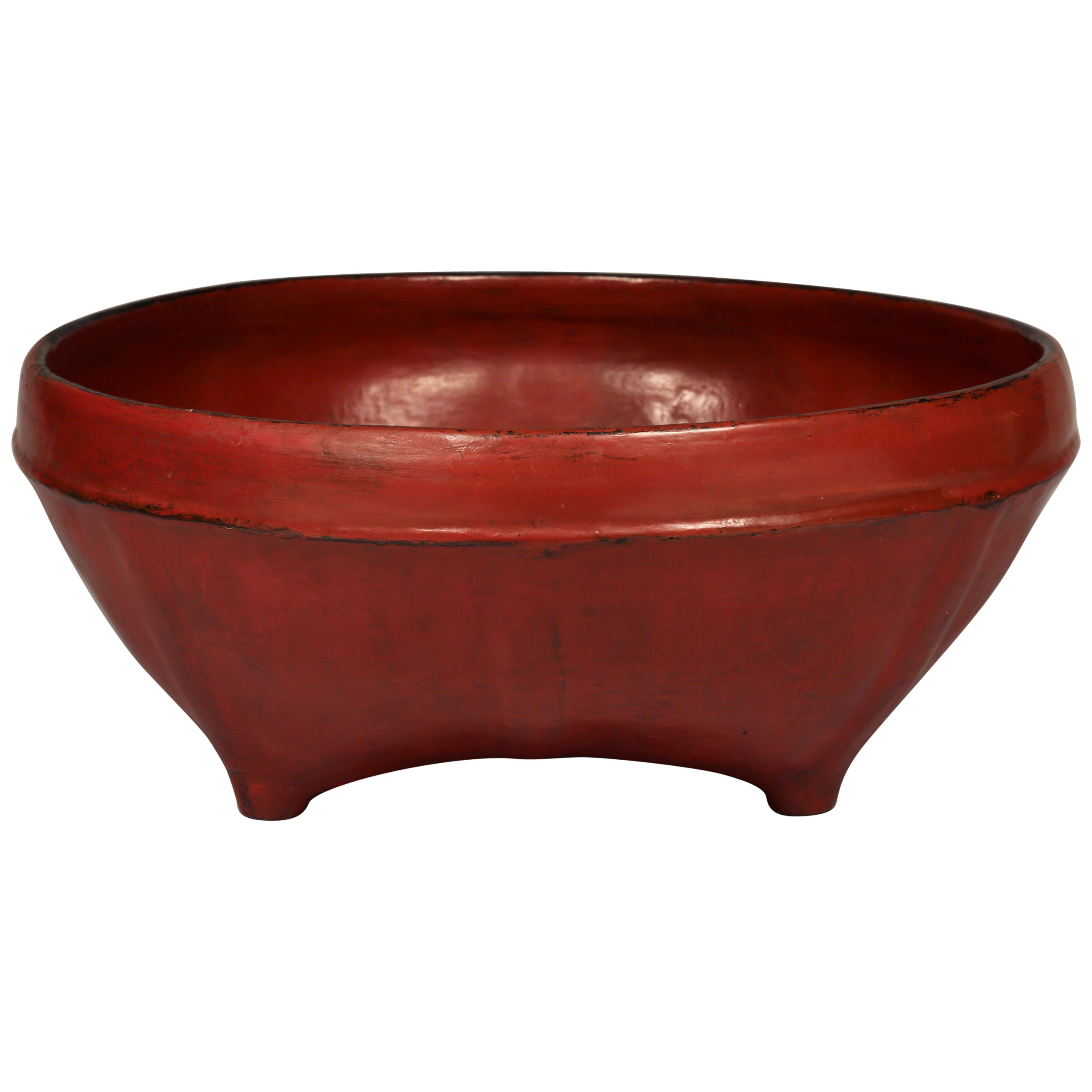 Antique Asian Red Lacquered Wood Bowl For Sale at 1stDibs