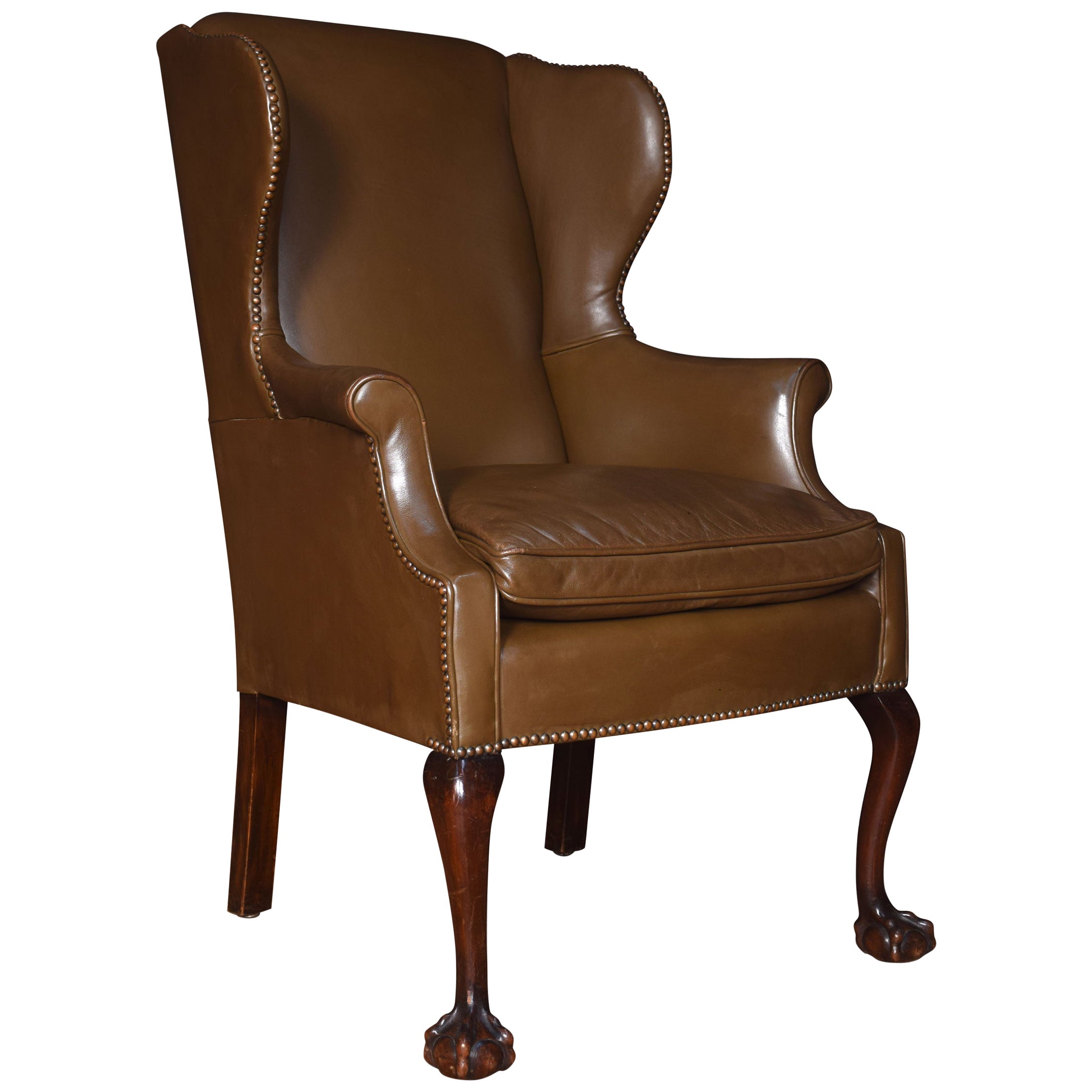 Classic Vintage Chippendale Style Black Leather Wingback Chair at 1stDibs