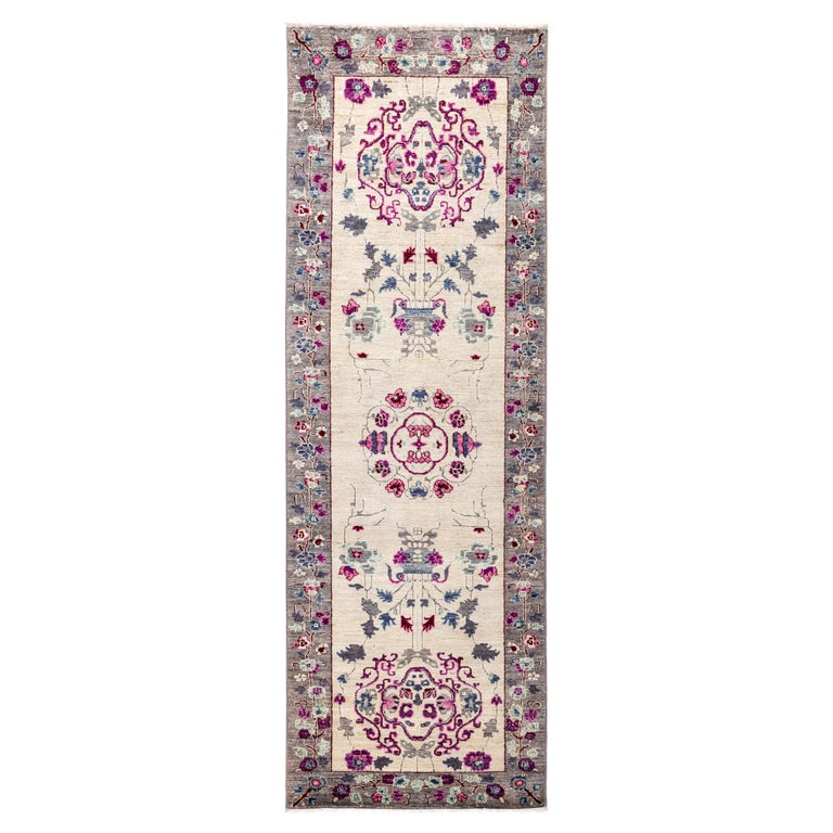 One-of-a-Kind Patterned and Floral Wool Hand-Knotted Runner, Ivory at ...