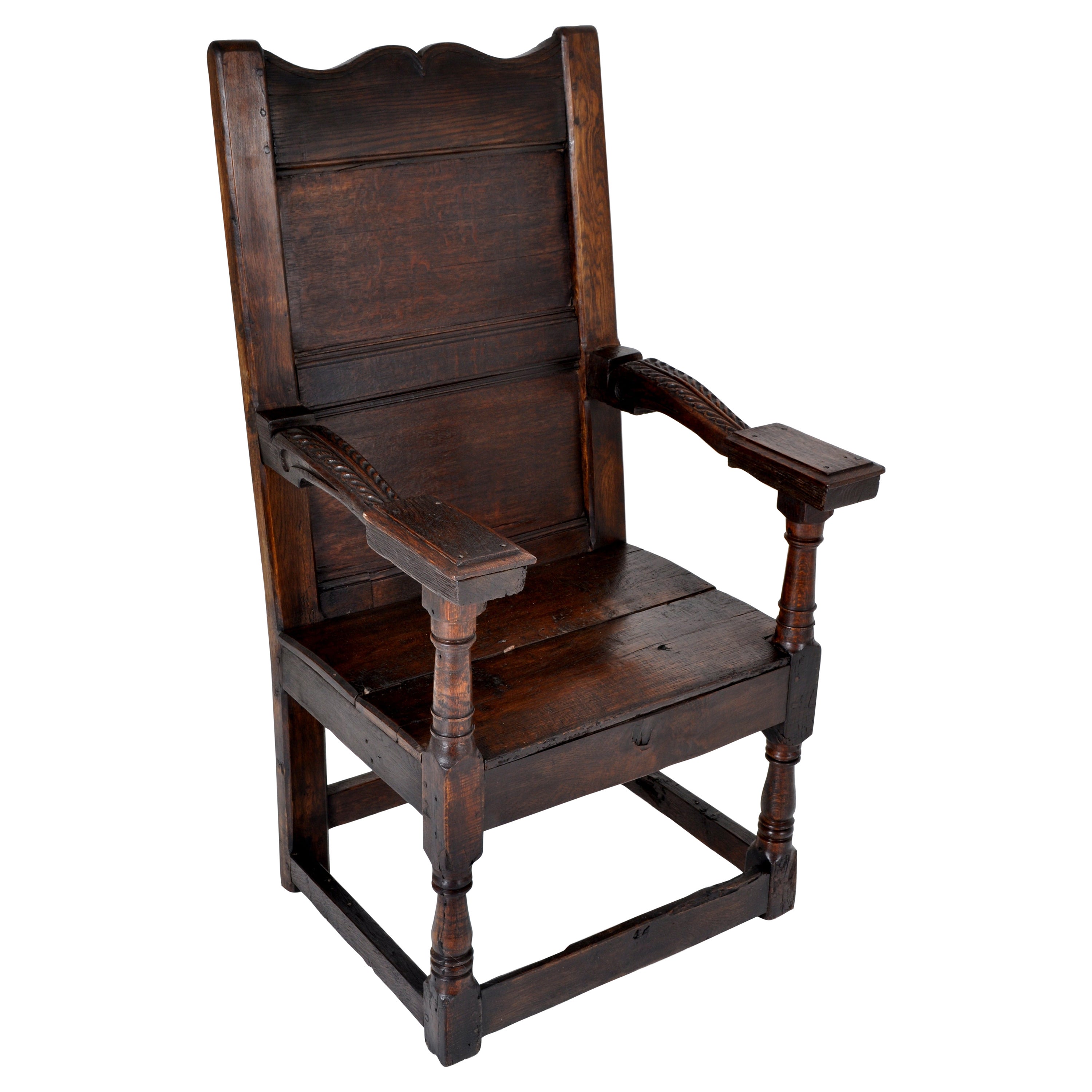 Pair of English Jacobean Revival Oak Wood Armchairs For Sale at 1stDibs