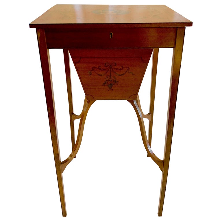Antique English Satinwood Sewing Table Delicately Painted, circa 1870 ...