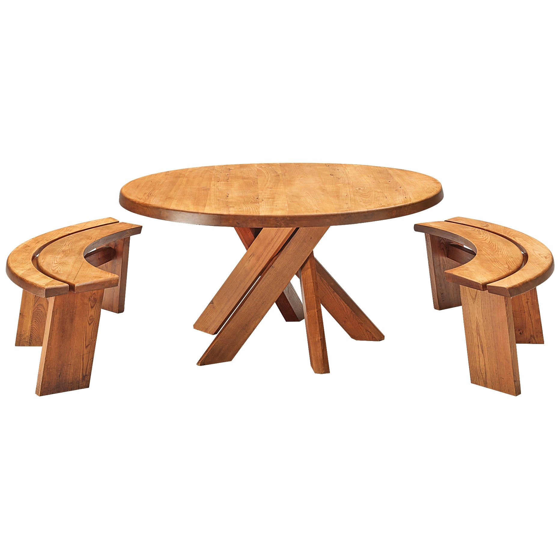 Round Solid Elm Dining Table with Slate Inlay, 1970s For Sale at 1stDibs