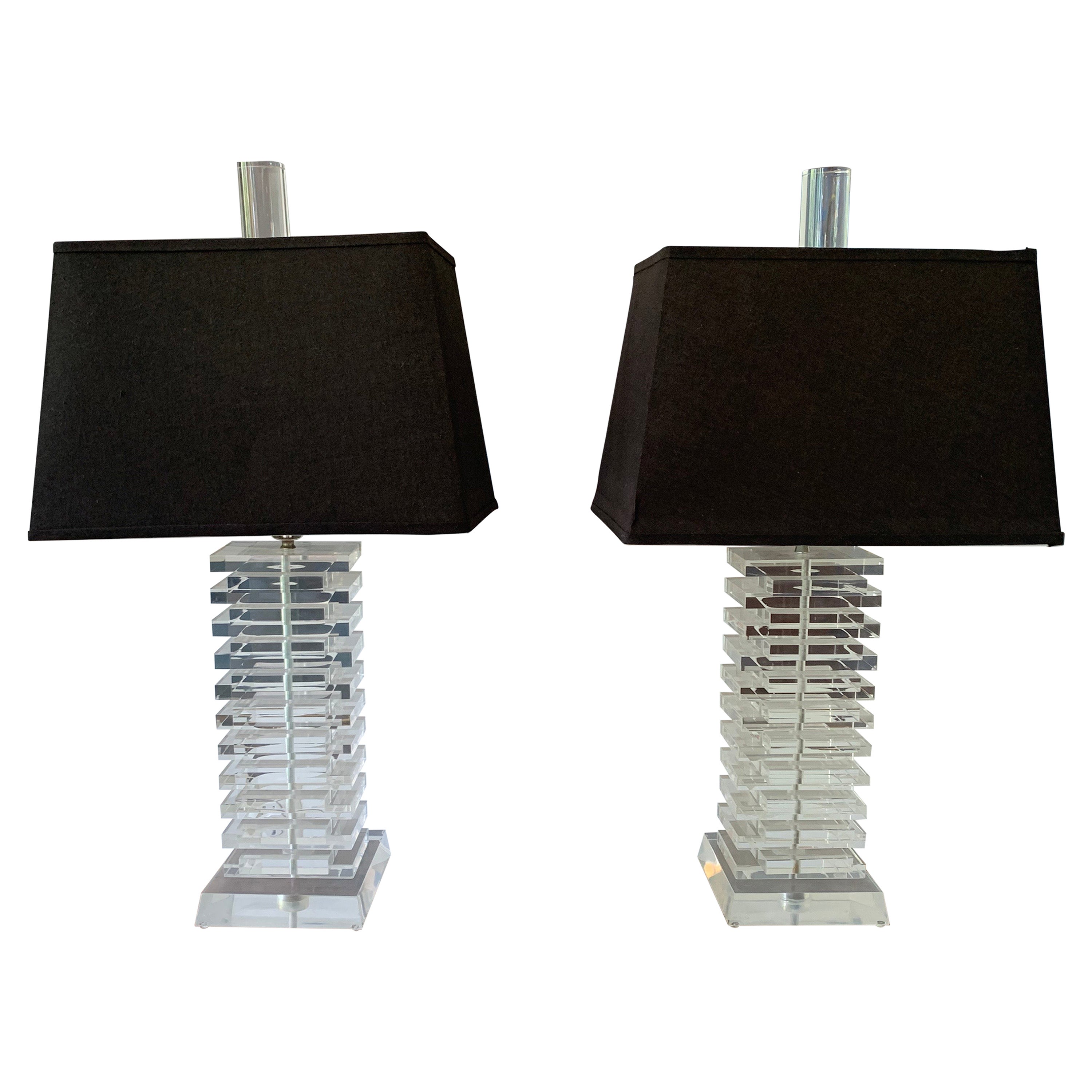 Pair of Lucite Stacked Block Lamps For Sale at 1stDibs
