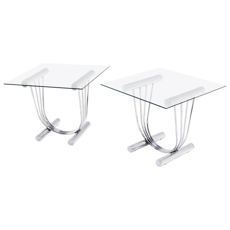 Pair of Chrome and Glass-Top End Tables with U-Shape Bases For Sale at ...