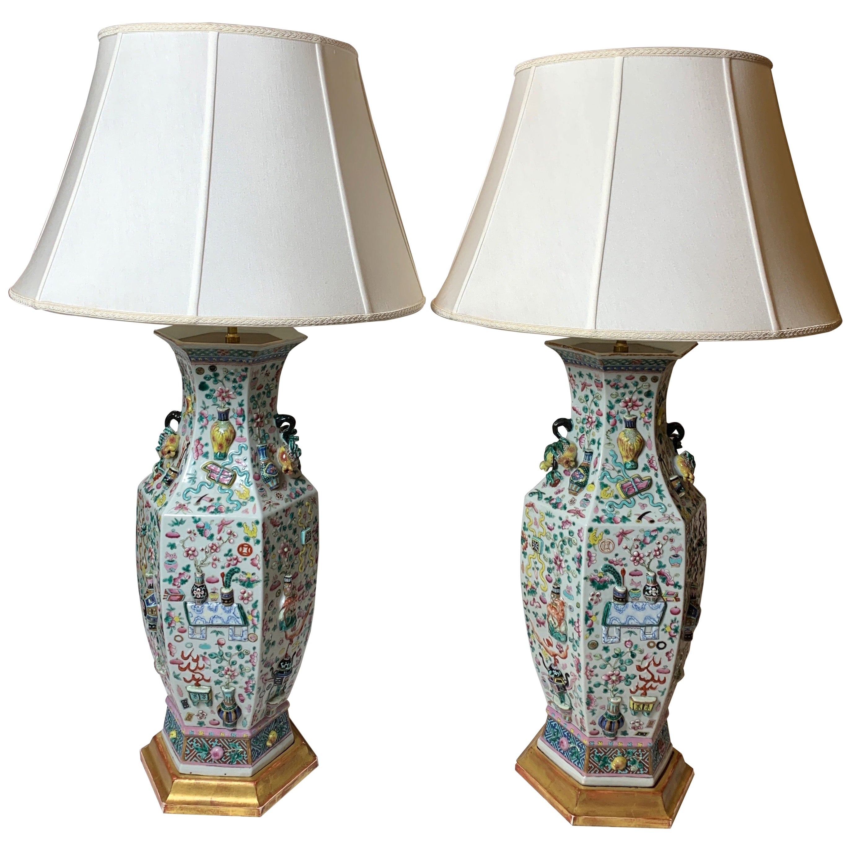 Pair of English Porcelain Hexagonal Imari-Pattern Lamps, Spode, circa ...