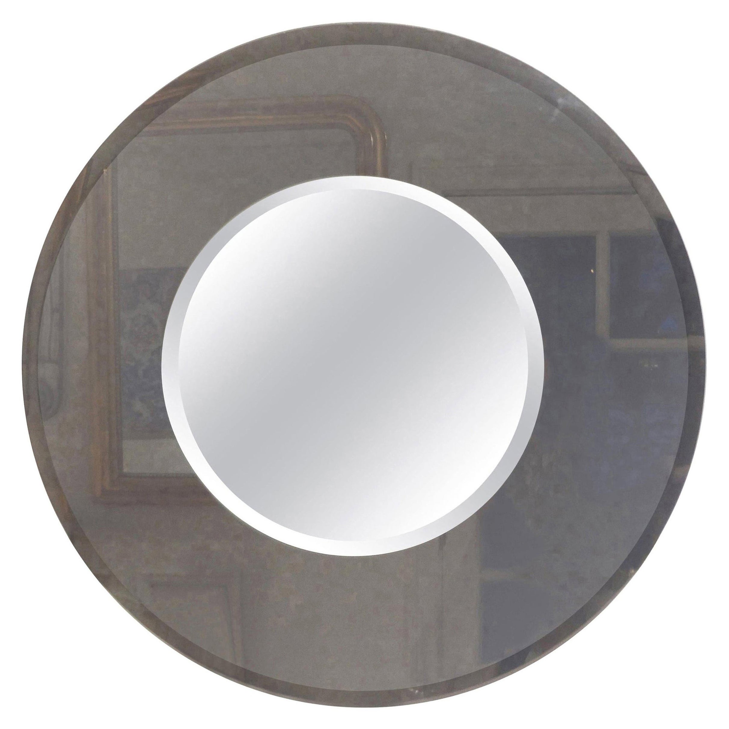 Large Mid-Century Round Beveled Mirror in Brass at 1stDibs