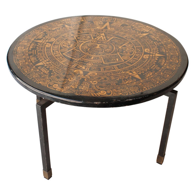 Mid-Century Modern Round Black Gold Aztec Motifs Center Table, Italy ...