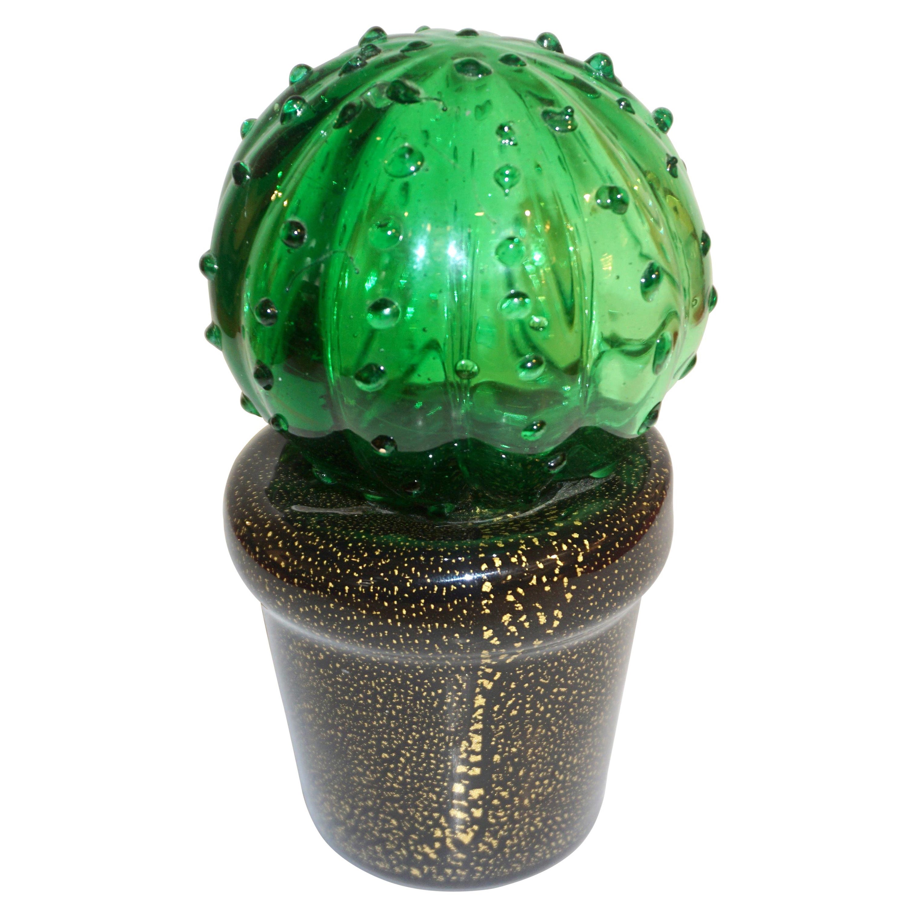 1990s Vintage Italian Green Murano Glass Small Cactus Plant in Black ...