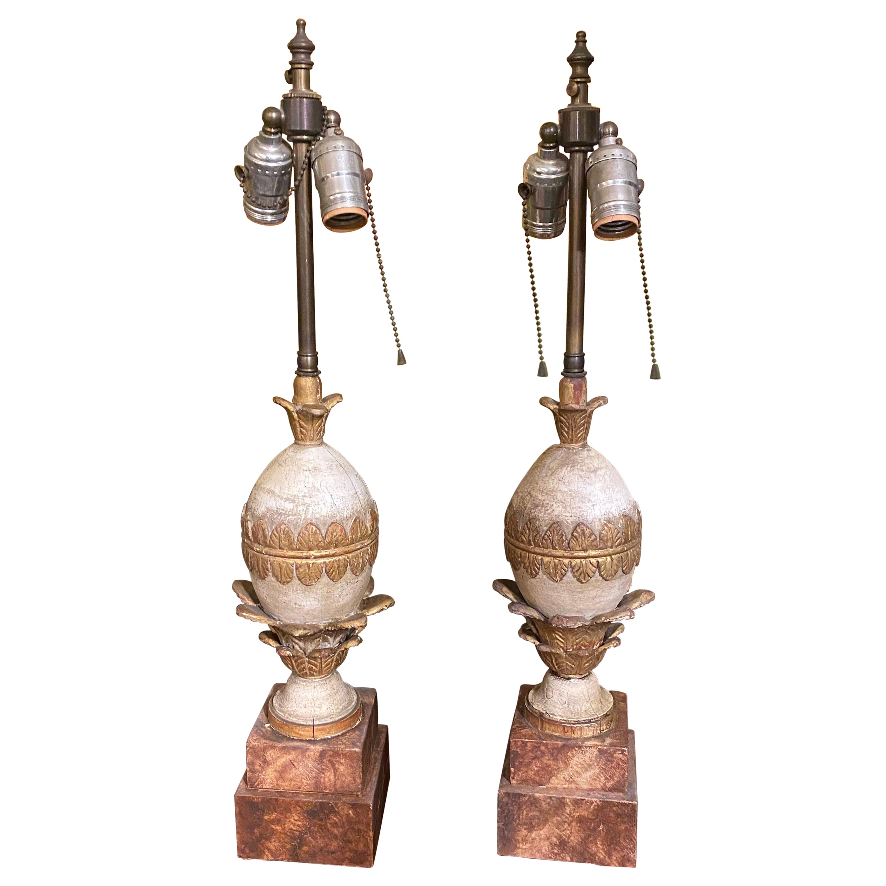 Pair of Italian Carved Wood Table Lamps For Sale at 1stDibs