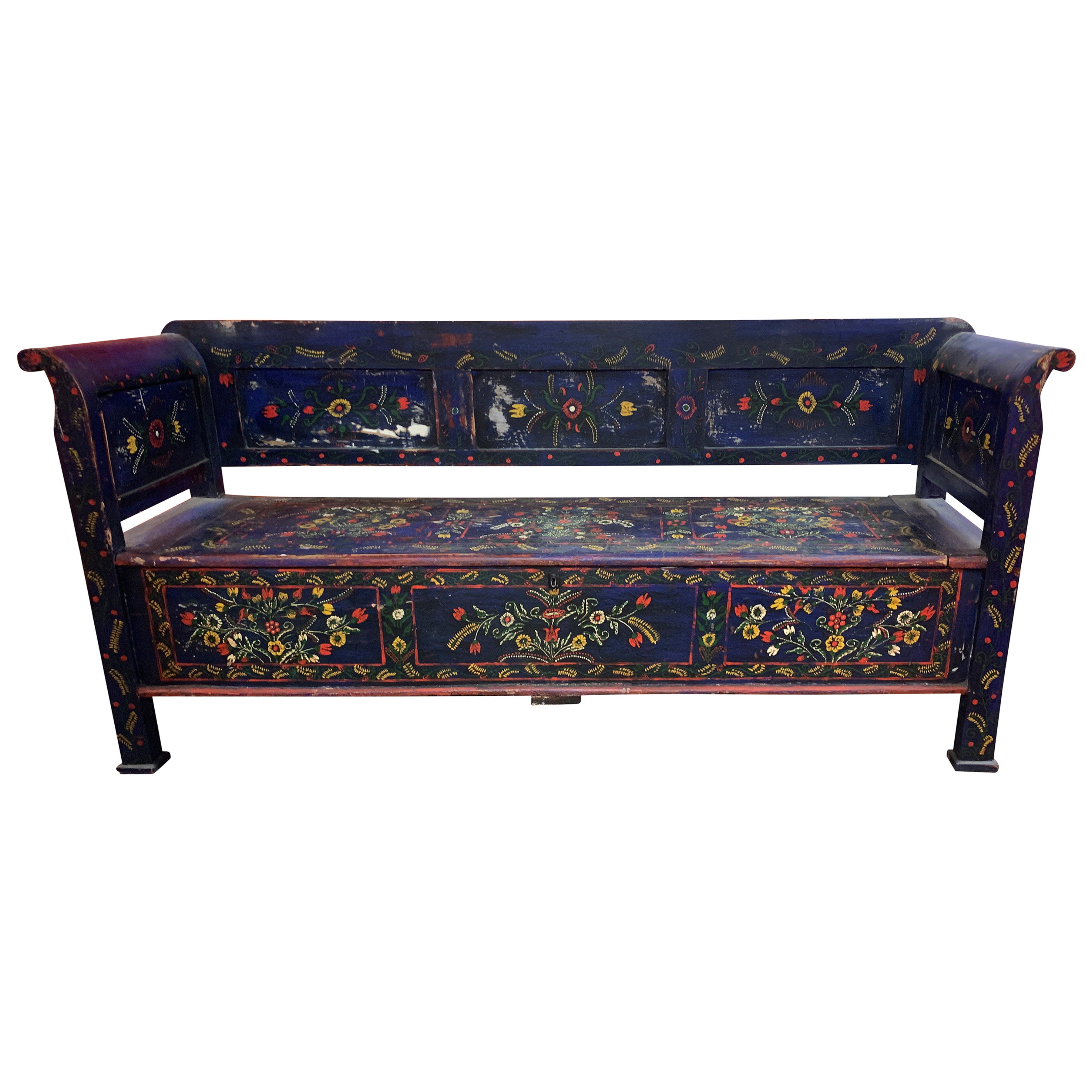 Antique Original Painted Small Romanian Bench with Storage at 1stDibs