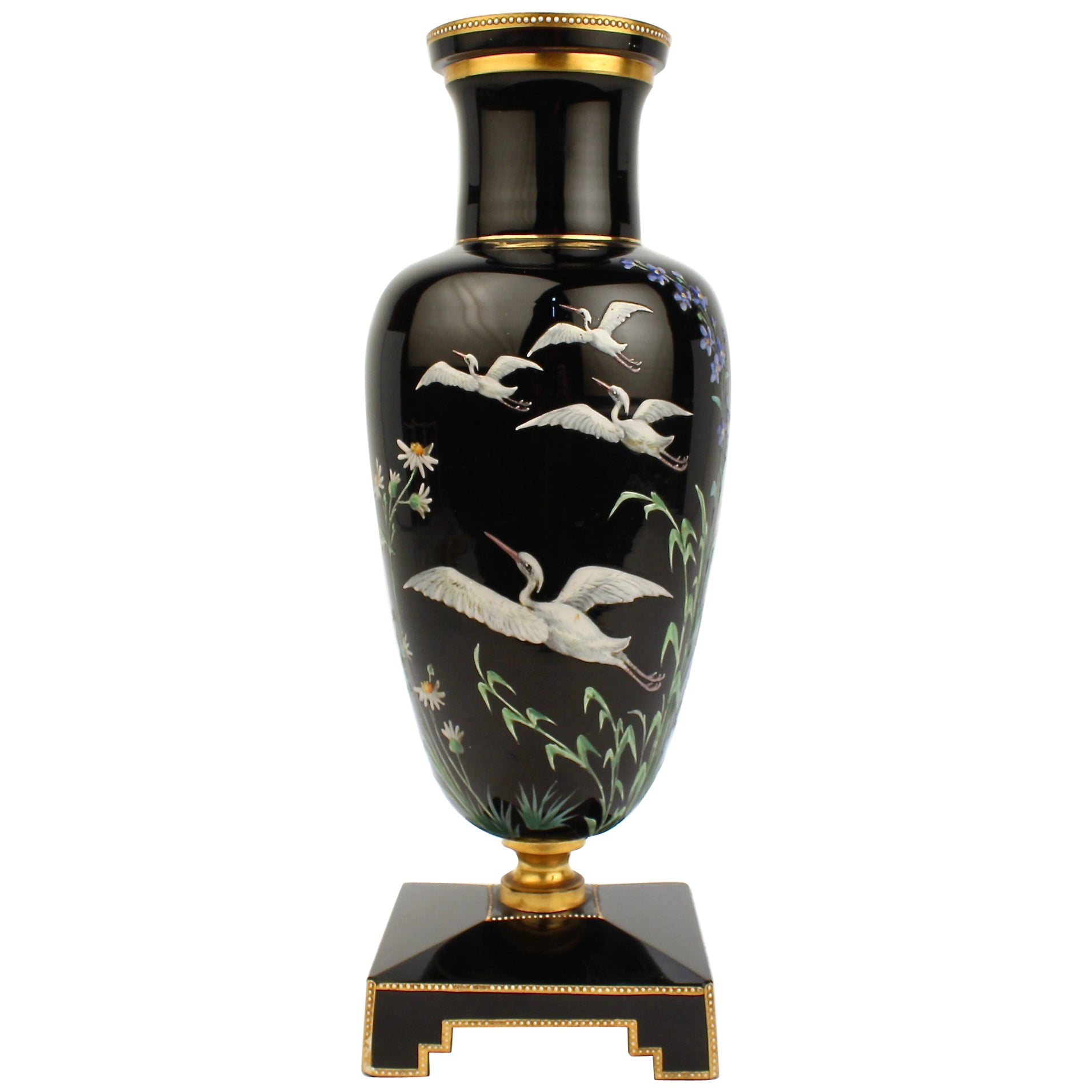 Antique Bohemian Amber Crystal Spa Glass or Vase with Floral Enameled ...
