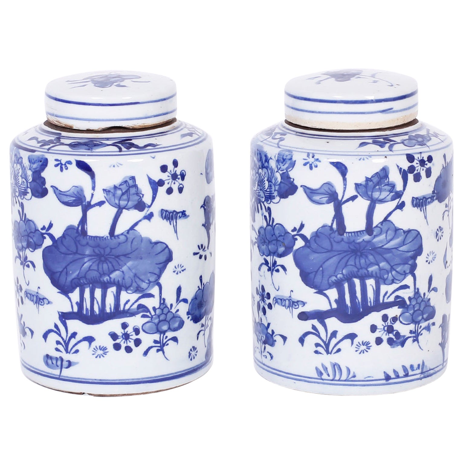 Massive Pair of of Blue and White Hand Painted Temple Jars at 1stDibs