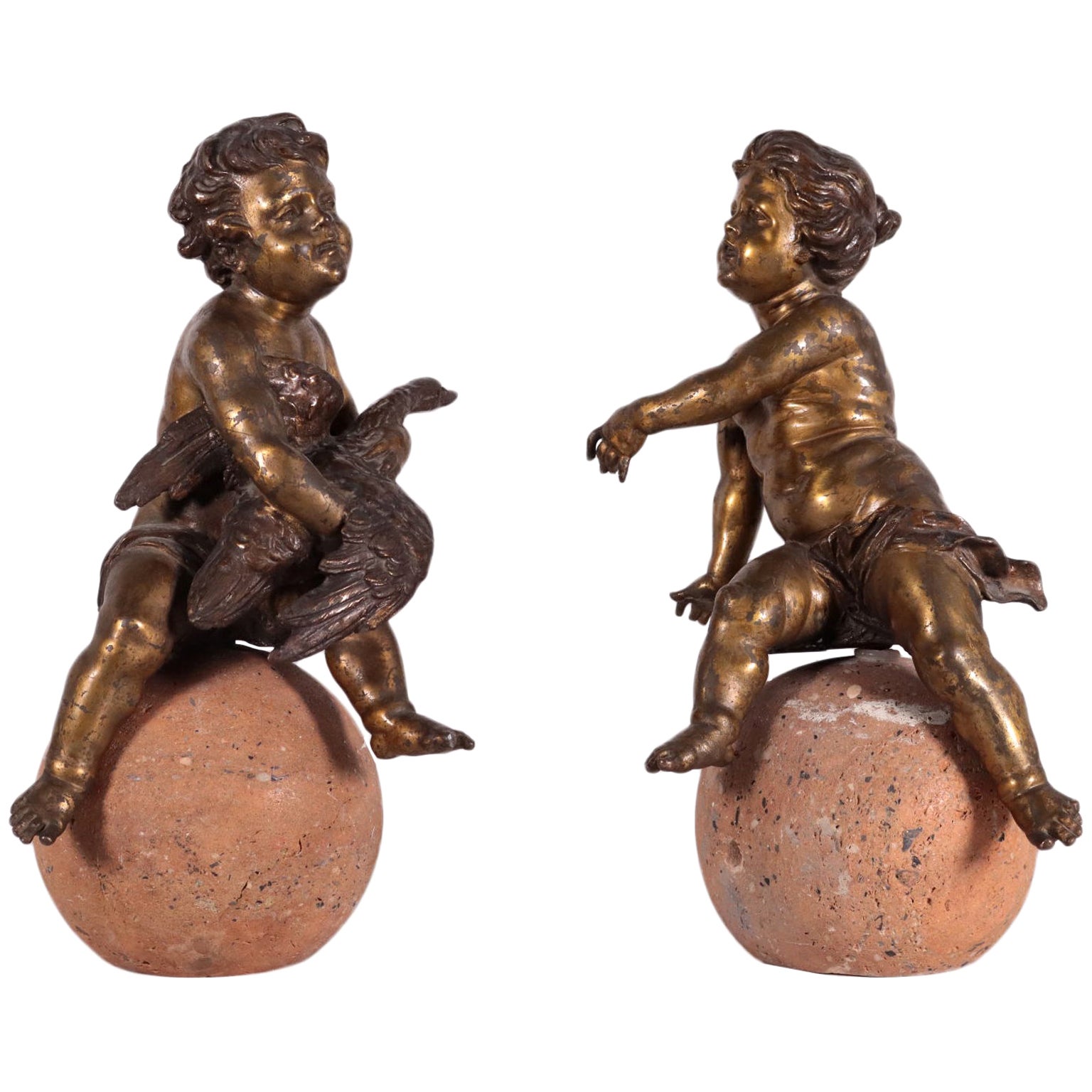Pair of 19th Century Italian Hand Painted Putti Statues For Sale at 1stDibs