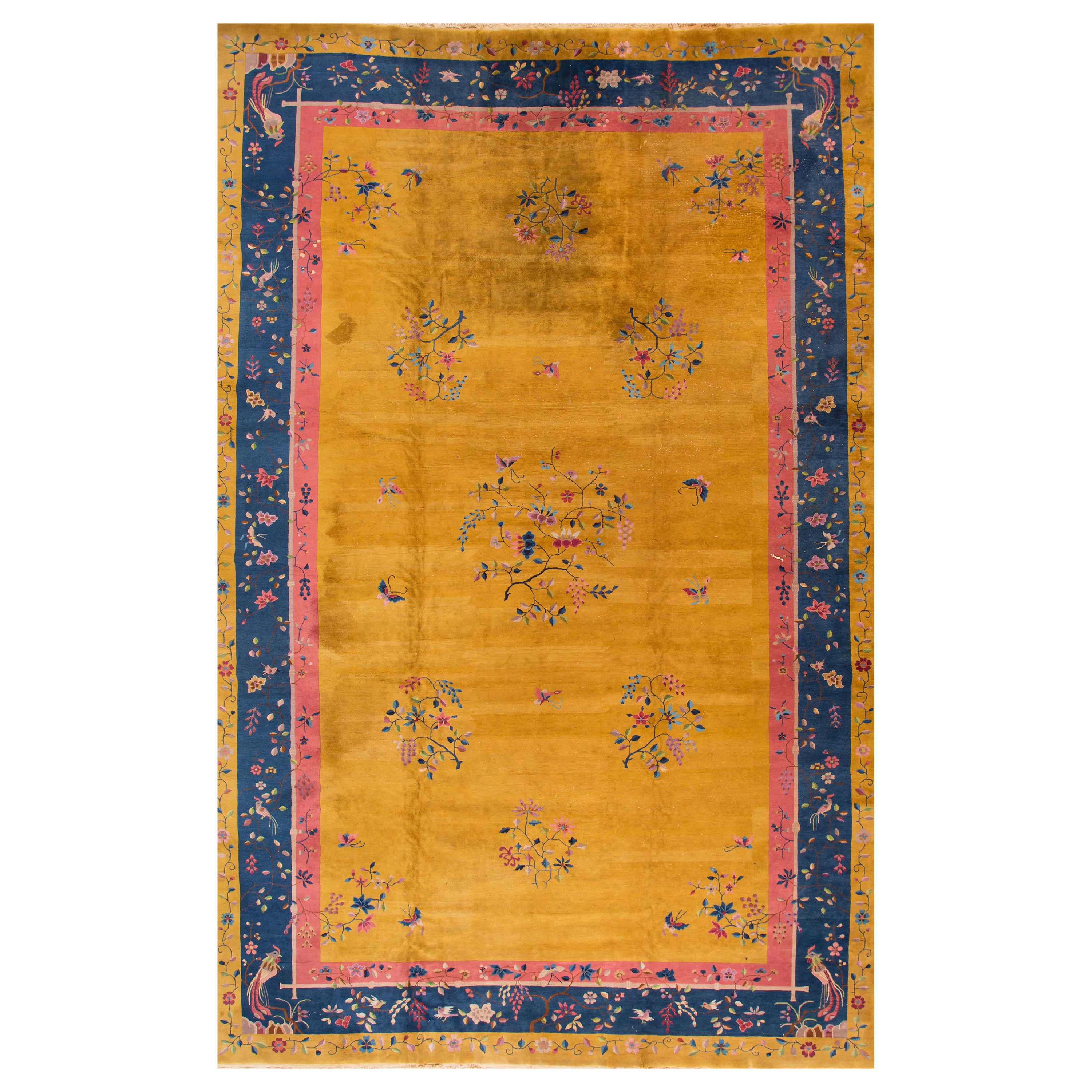 Large Goldenrod Antique Chinese Art Deco Wool Rug For Sale at 1stDibs