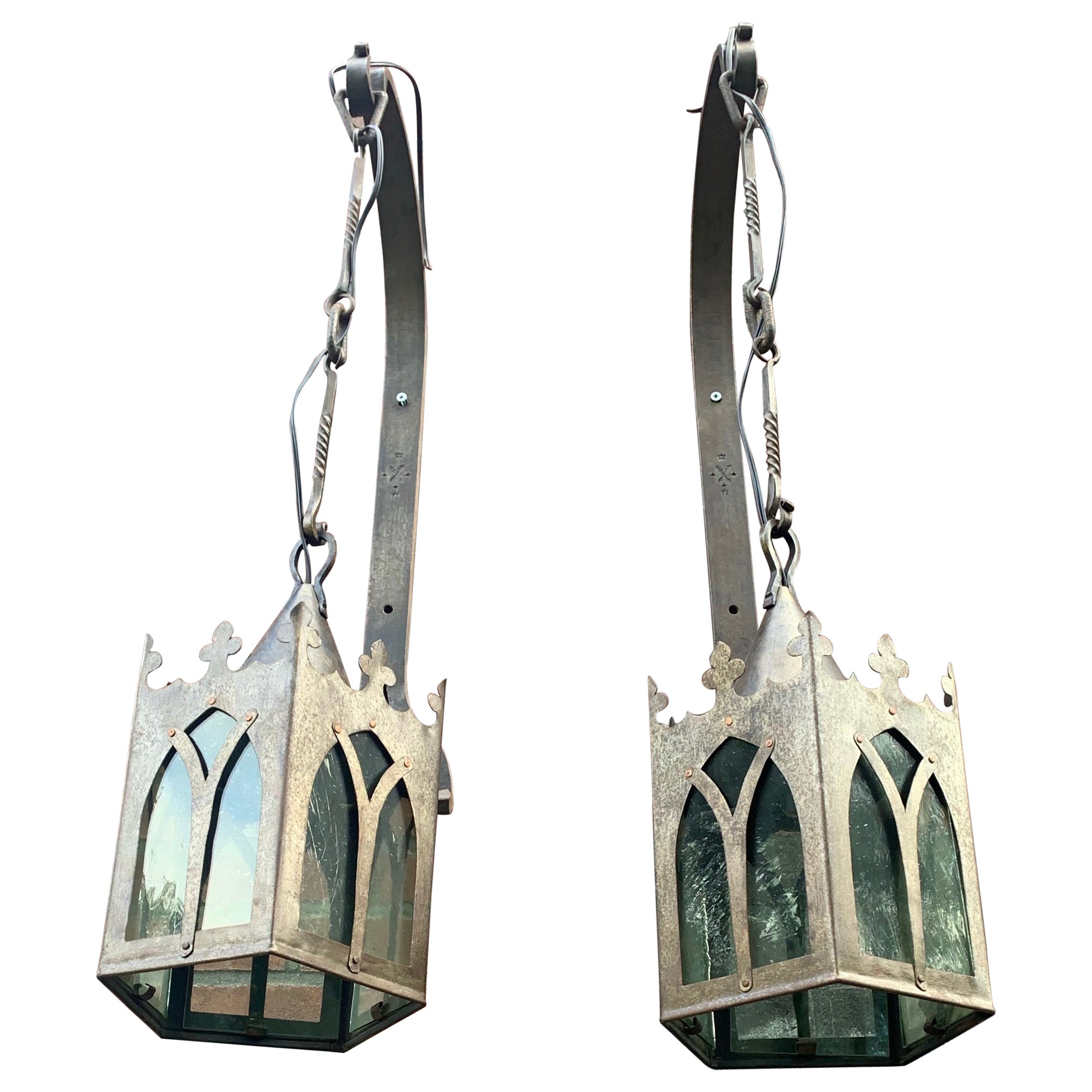 Pair of Gothic style iron lanterns with brackets at 1stDibs