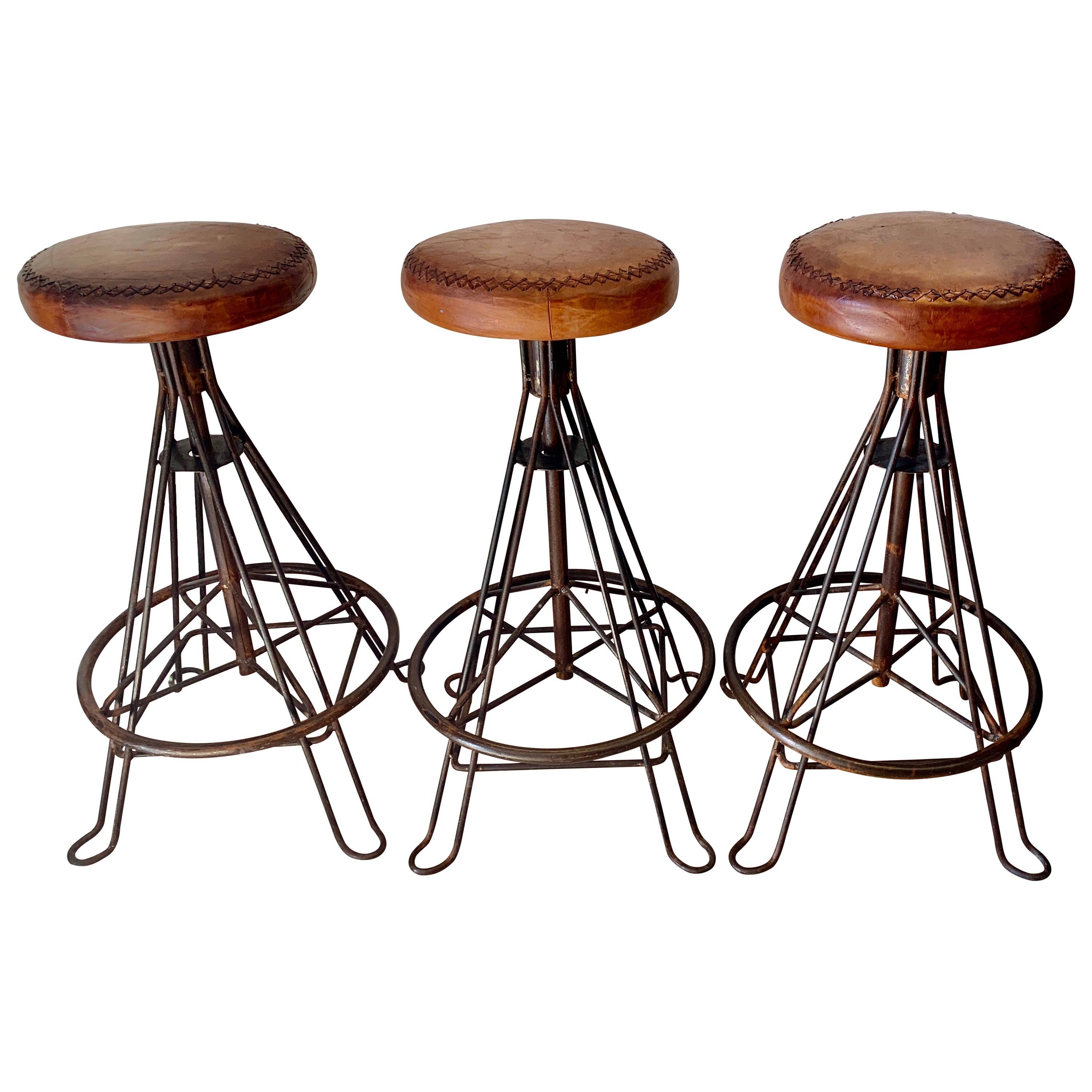Set of Six Wrought Iron Bar Stools with Mint Green Ostrich Leather Tops ...