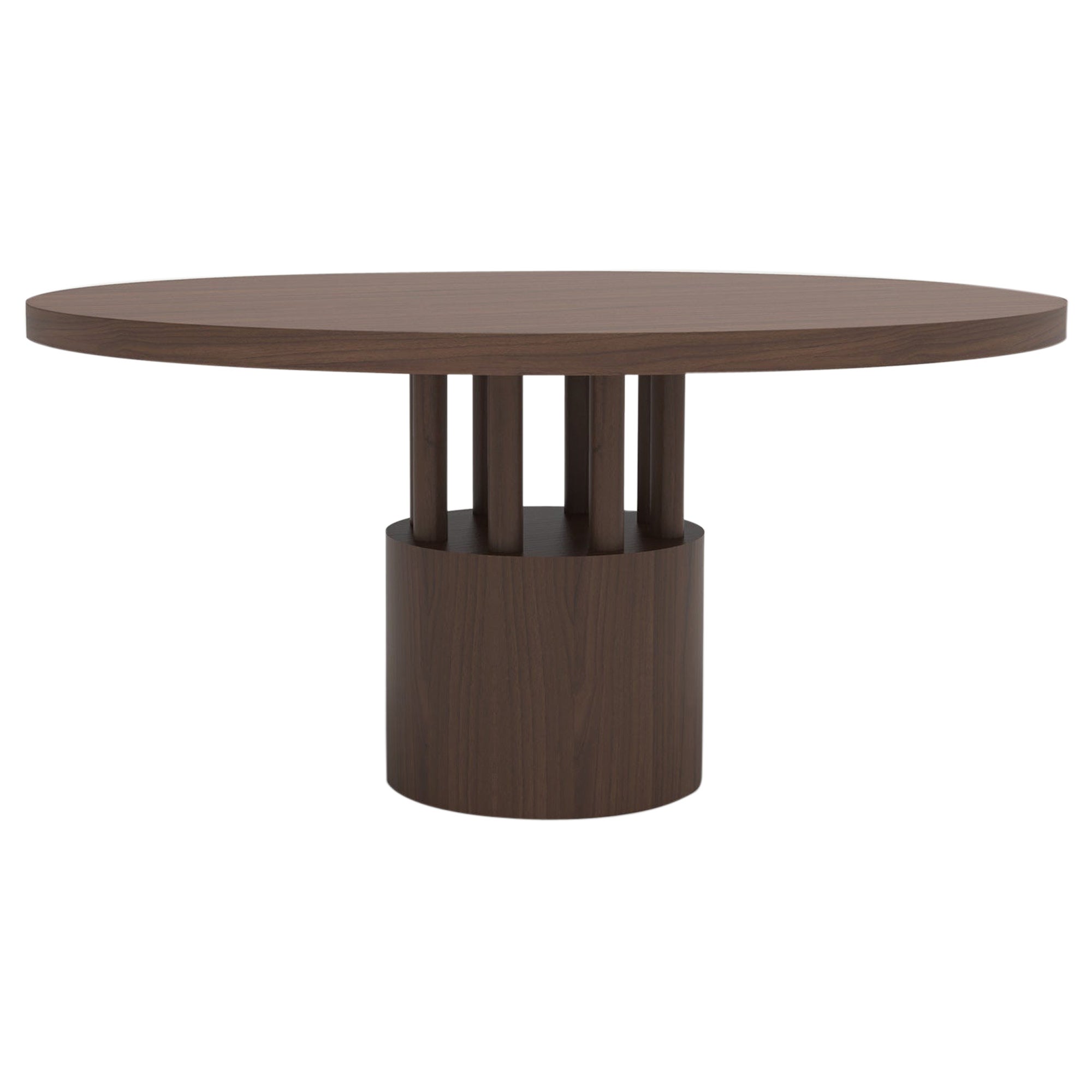 Wood dining table with solid top and cylindrical base with special cut ...